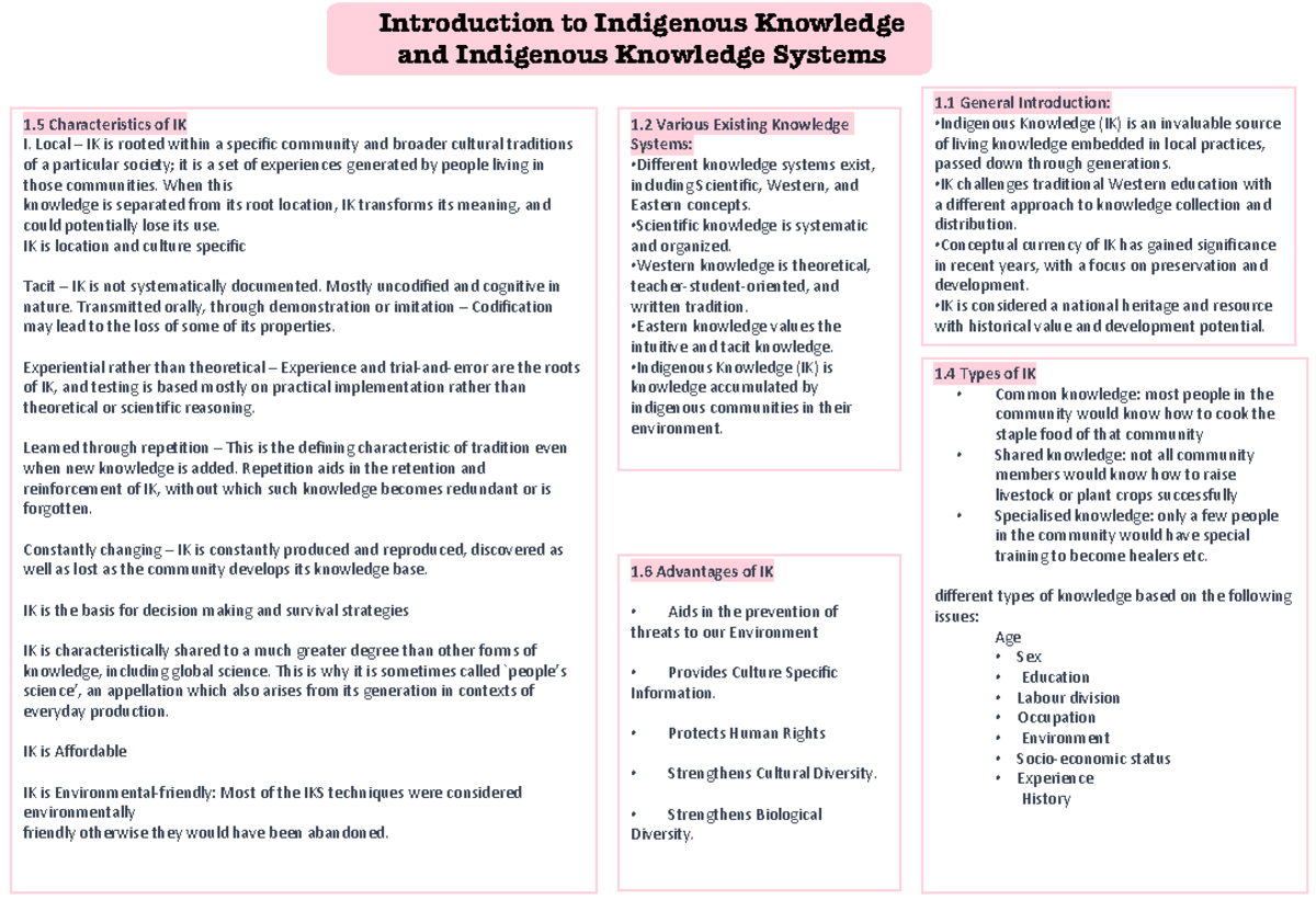 Summary 1 - Introduction to Indigenous Knowledge and Indigenous ...