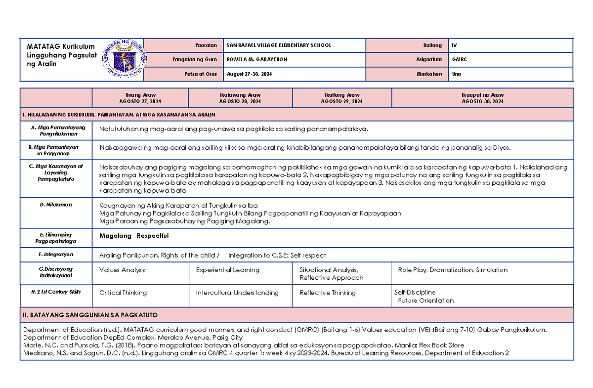 LESSON PLAN FOR GRADE IV - MATATAG Kurikulum Lingguhang Pagsulat ng ...
