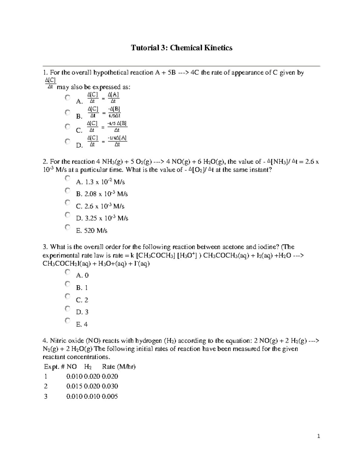 Tutorial Chemical Kinetics Question for Physical Chemistry - Tutorial 3 ...