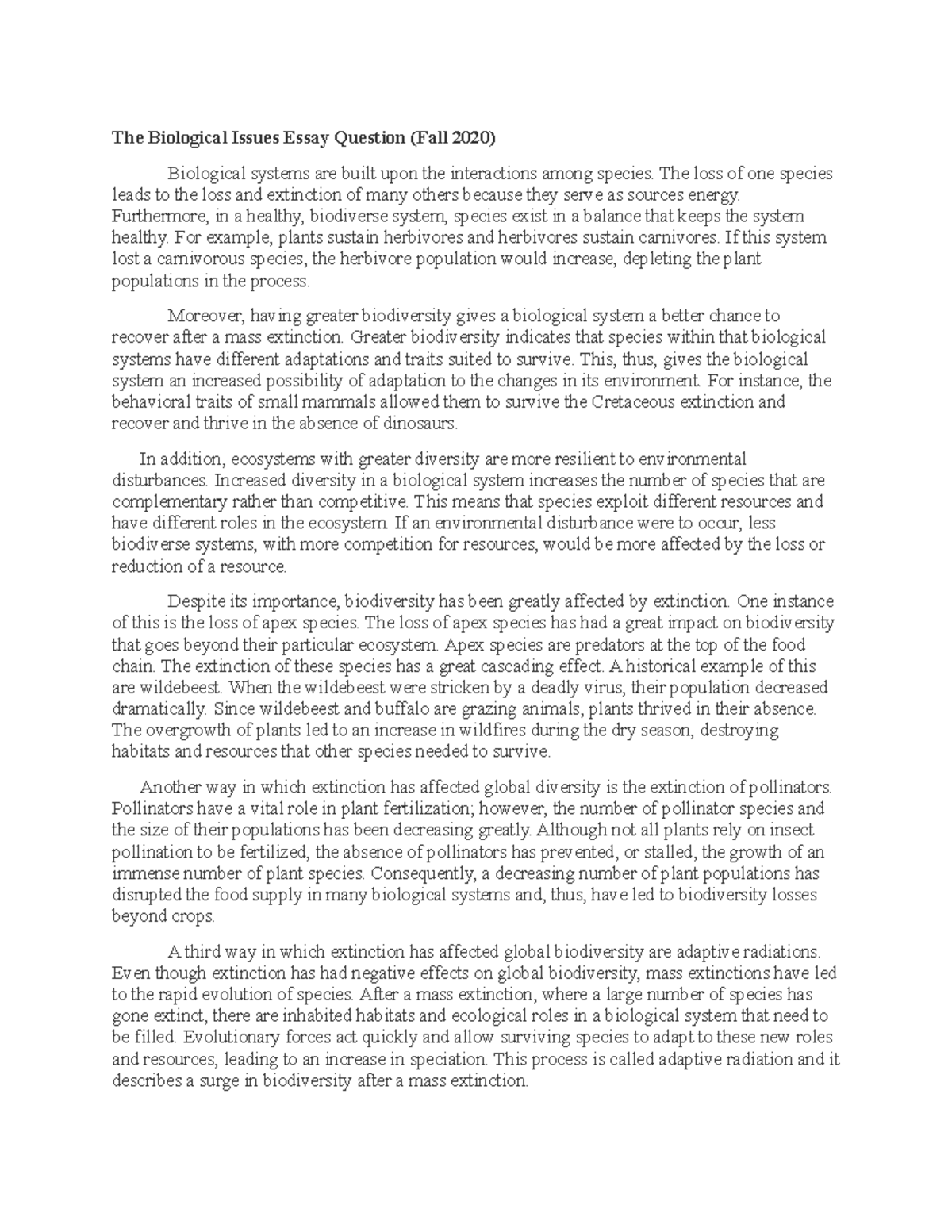 Biological Issues Essay - The loss of one species leads to the loss and ...