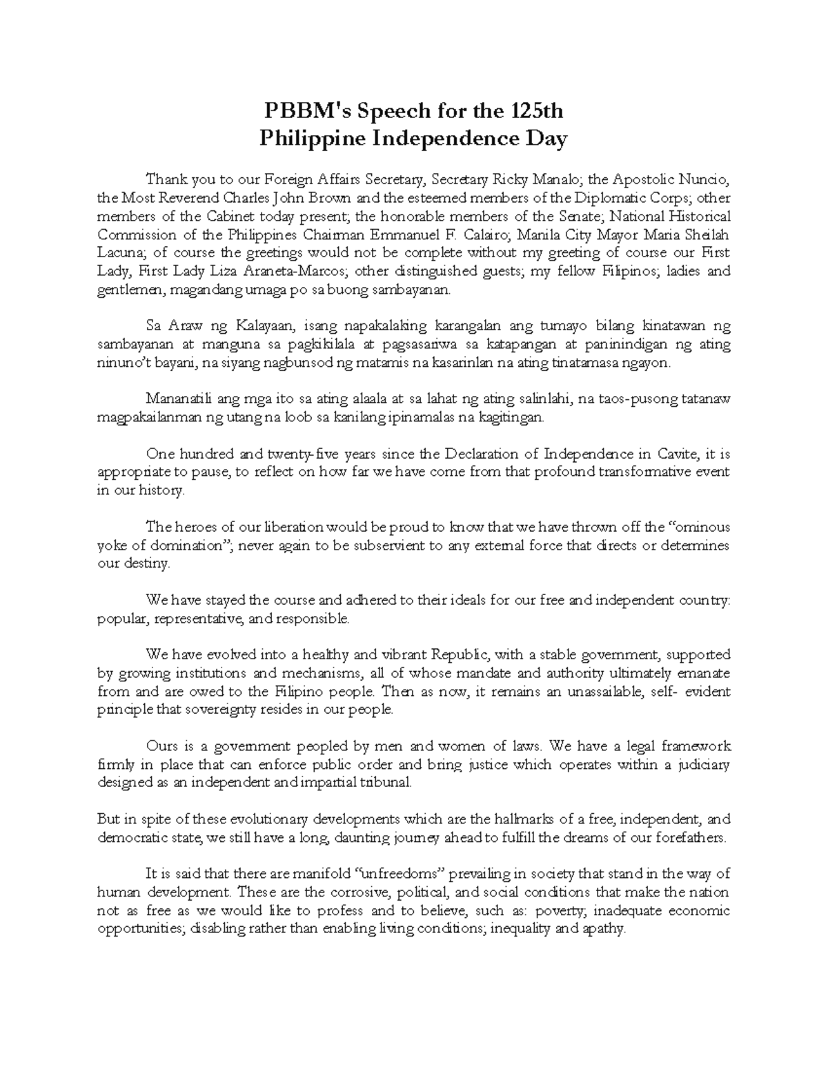 PBBMs Speech for the 125th Philippine Independence Day - PBBM's Speech ...