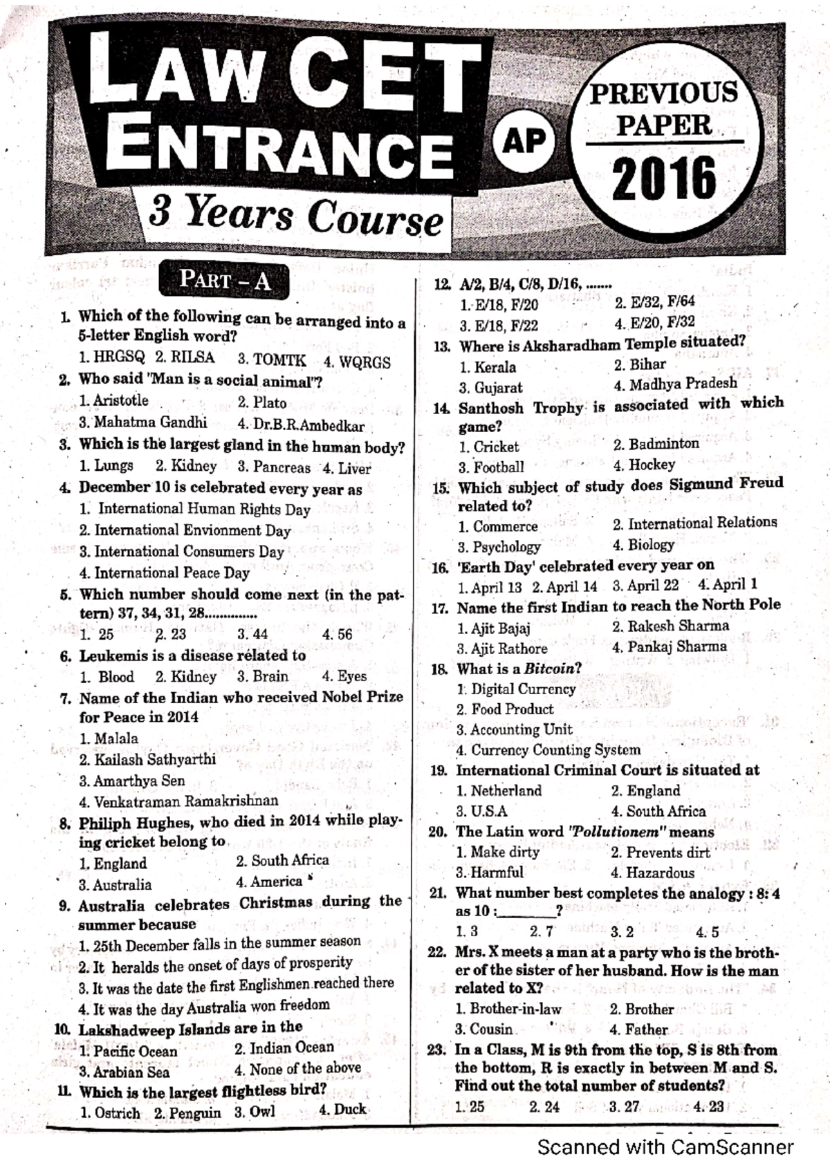 3 years AP 2016 - Model Papers for Lawcet - Bachelour of Law - Studocu