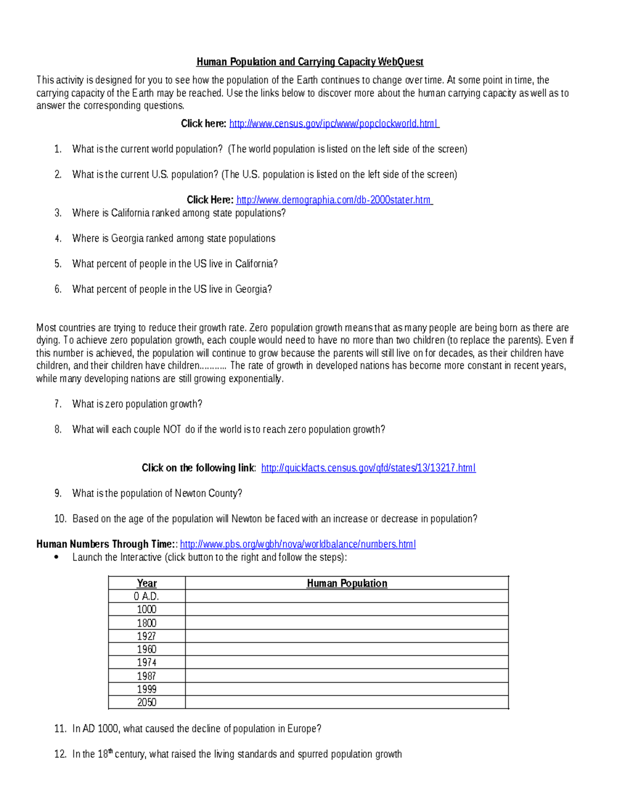WEB Quest on Human Population - Human Population and Carrying Capacity ...