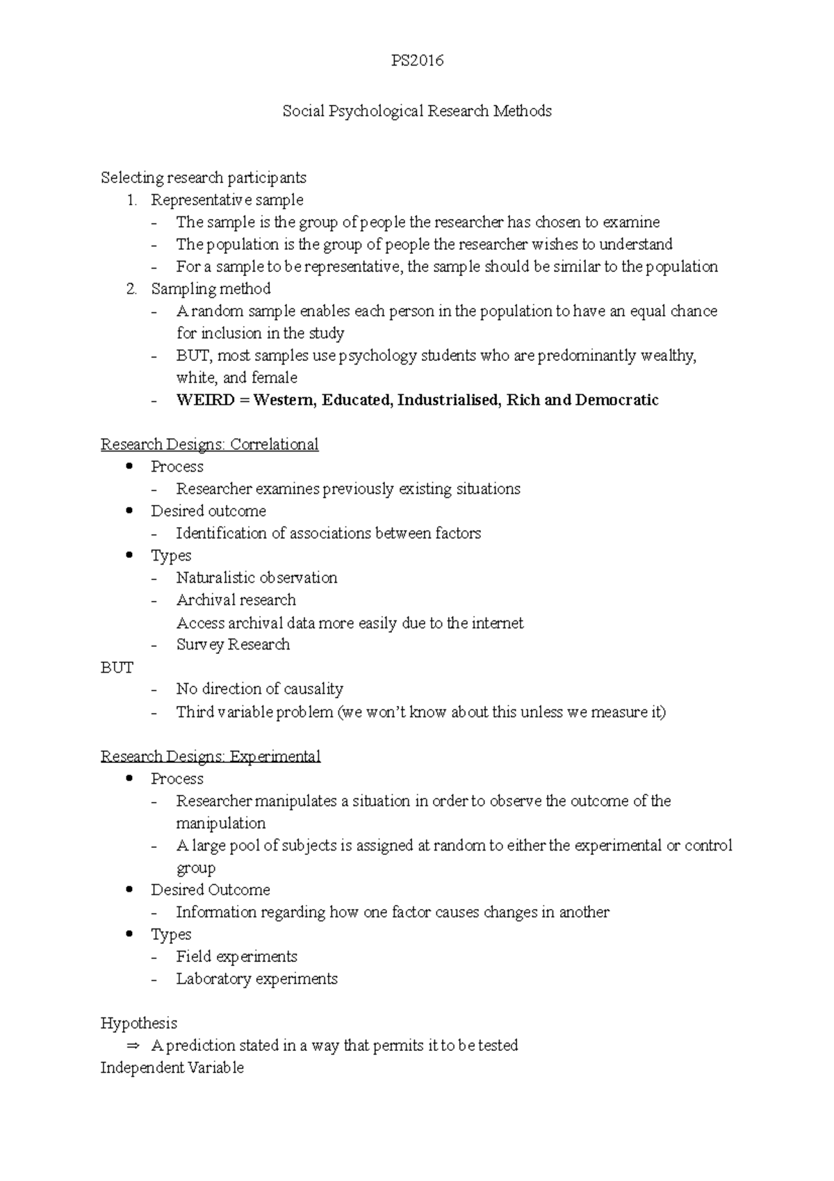 2. Research Design - Lecture notes 2 - PS2016 Social Psychological ...