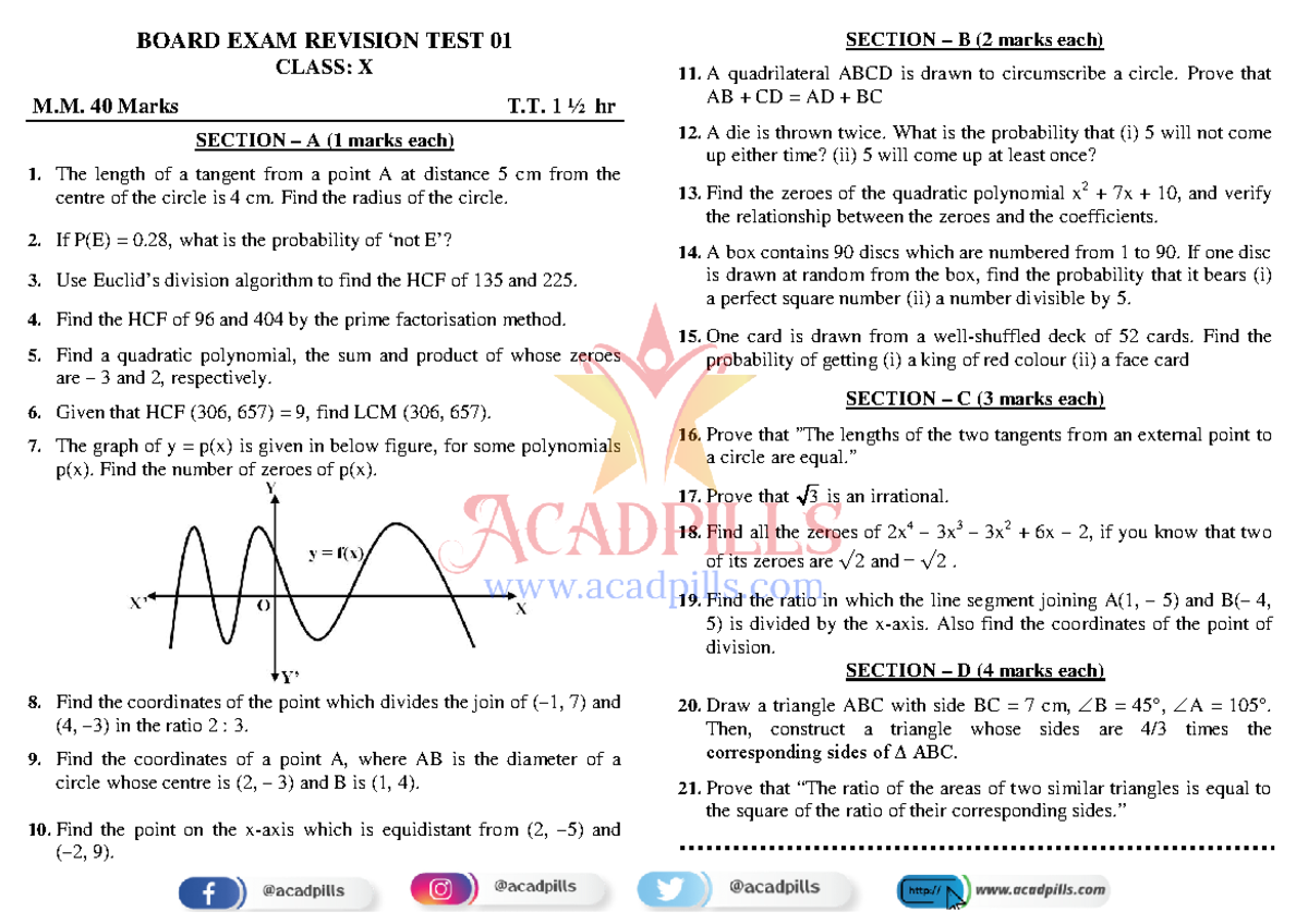 Math revision test papers 1 - BOARD EXAM REVISION TEST 01 CLASS: X M ...