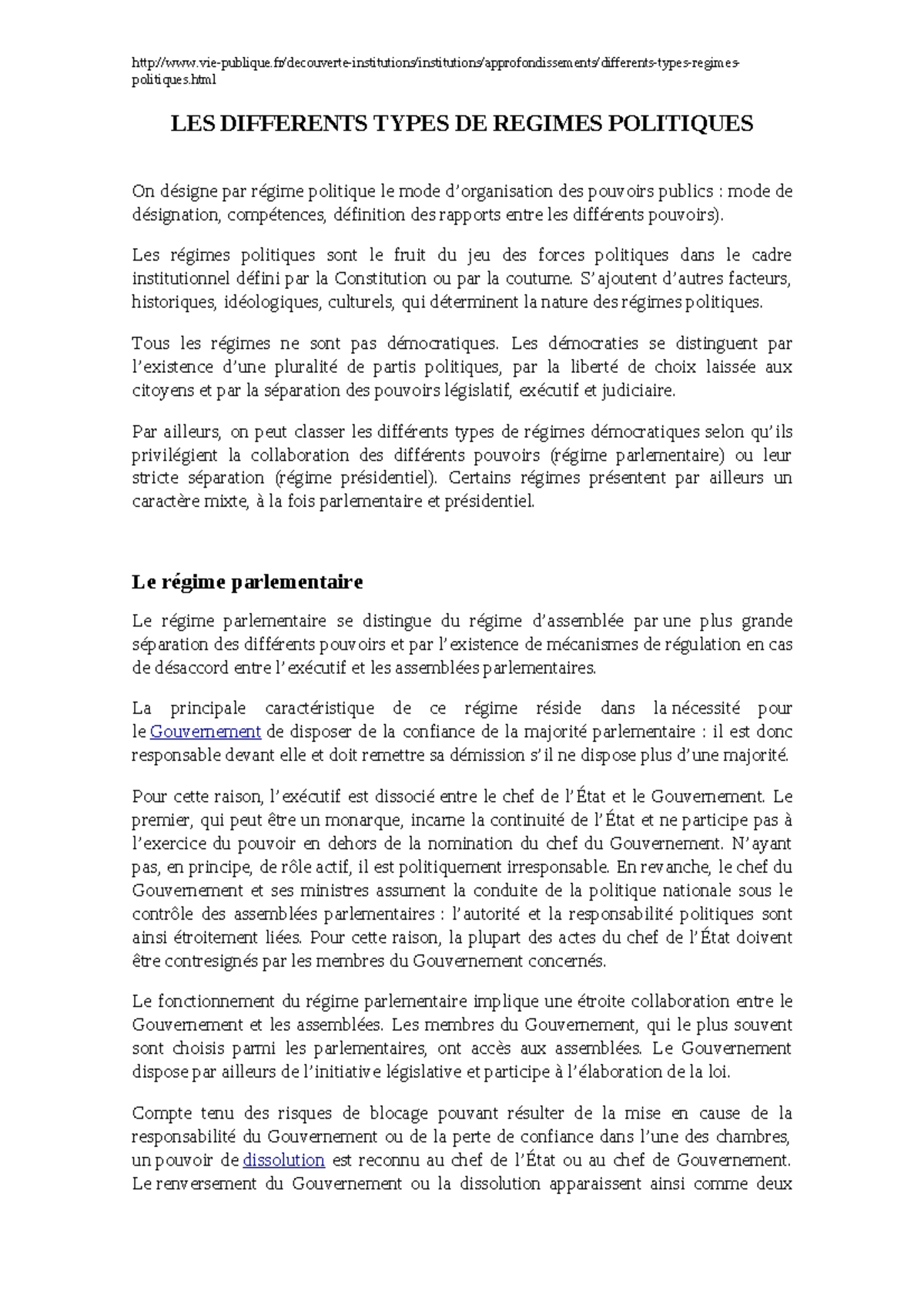 Les differents types de regimes politiques - - Studocu