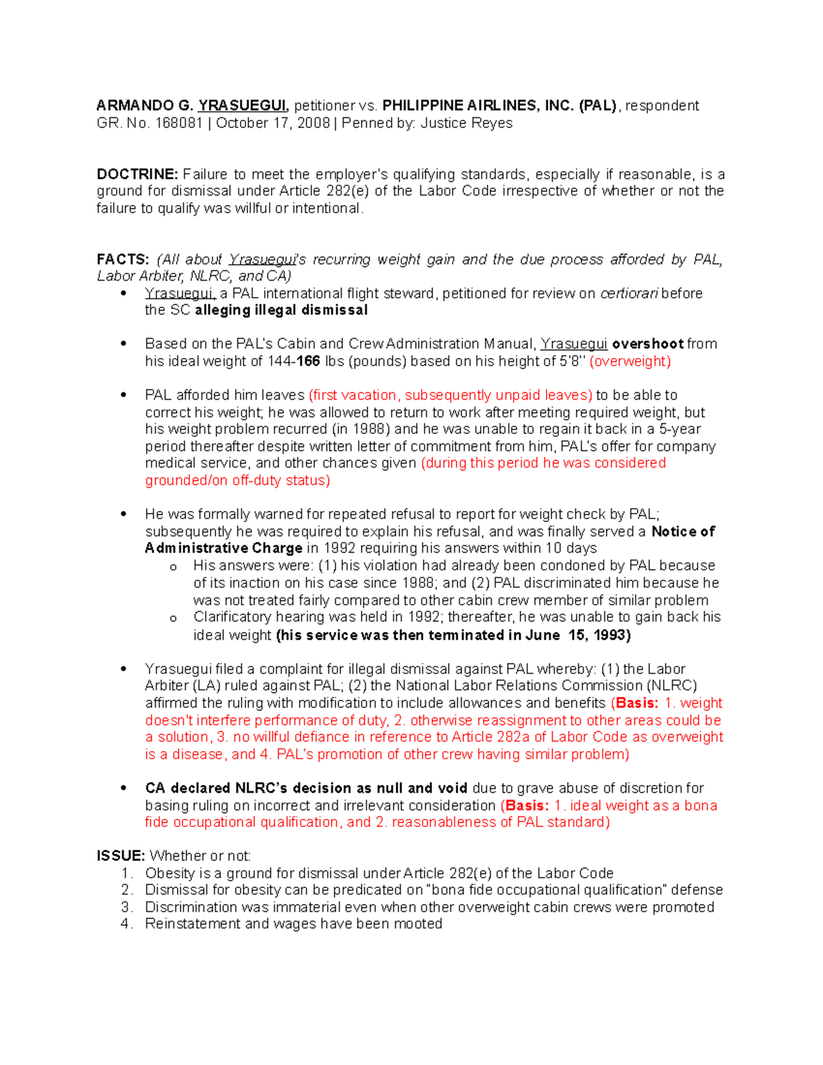 Yrasuegui v PAL GR No. 168081 - ARMANDO G. YRASUEGUI, petitioner vs ...