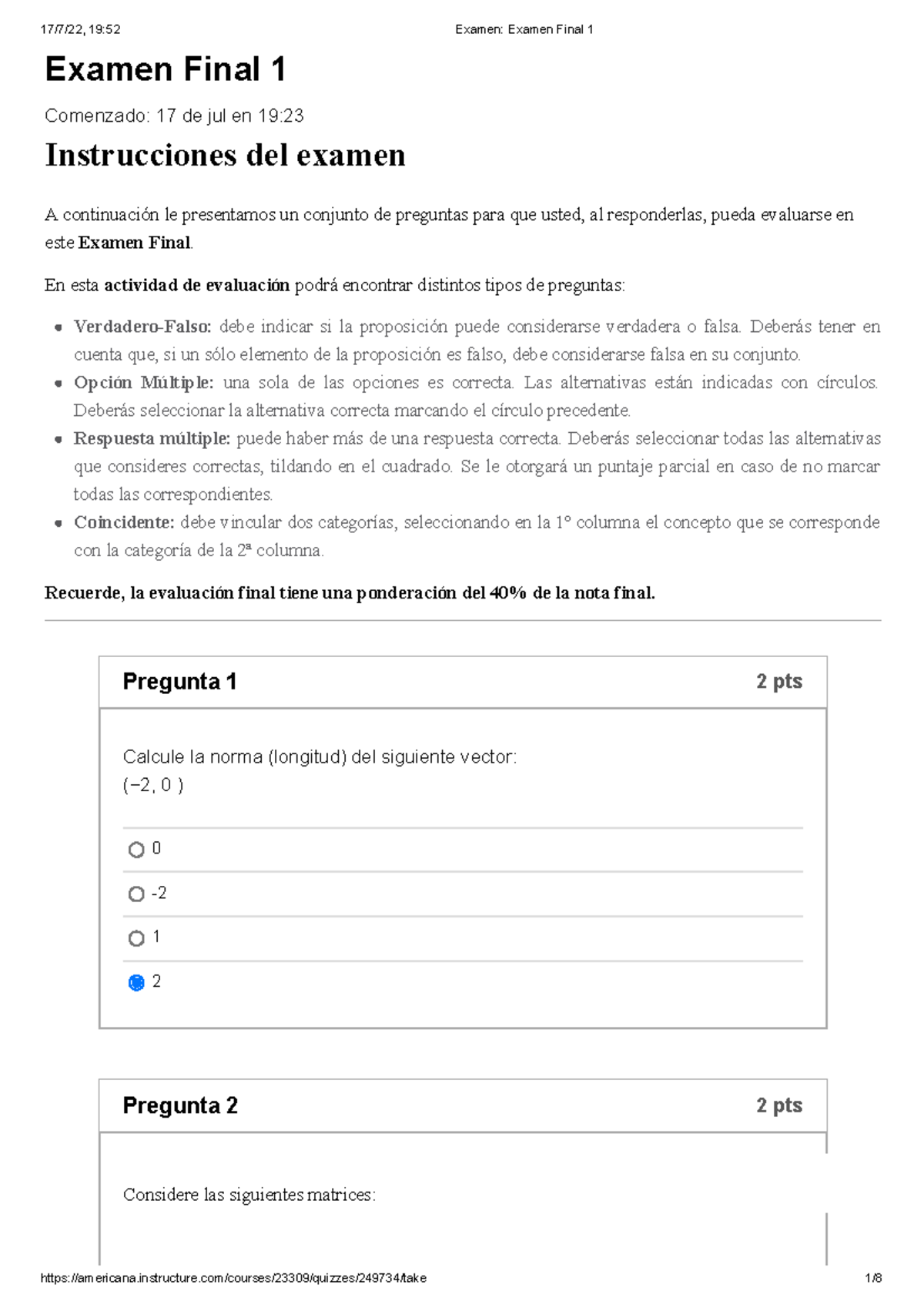 Examen Examen Final 1 - universidad americana paraguay - Examen Final 1 ...