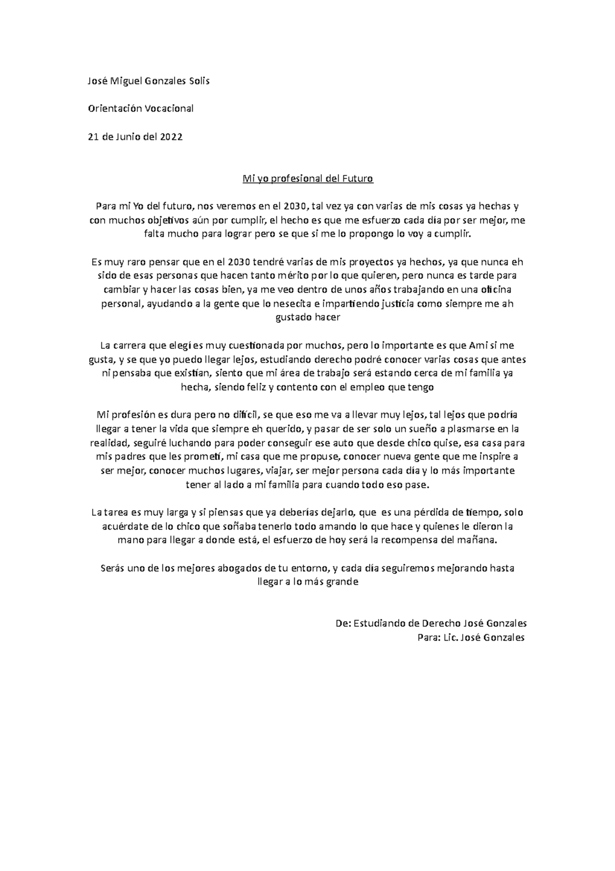 Carta a mi Yo del futuro - José Miguel Gonzales Solis Orientación ...