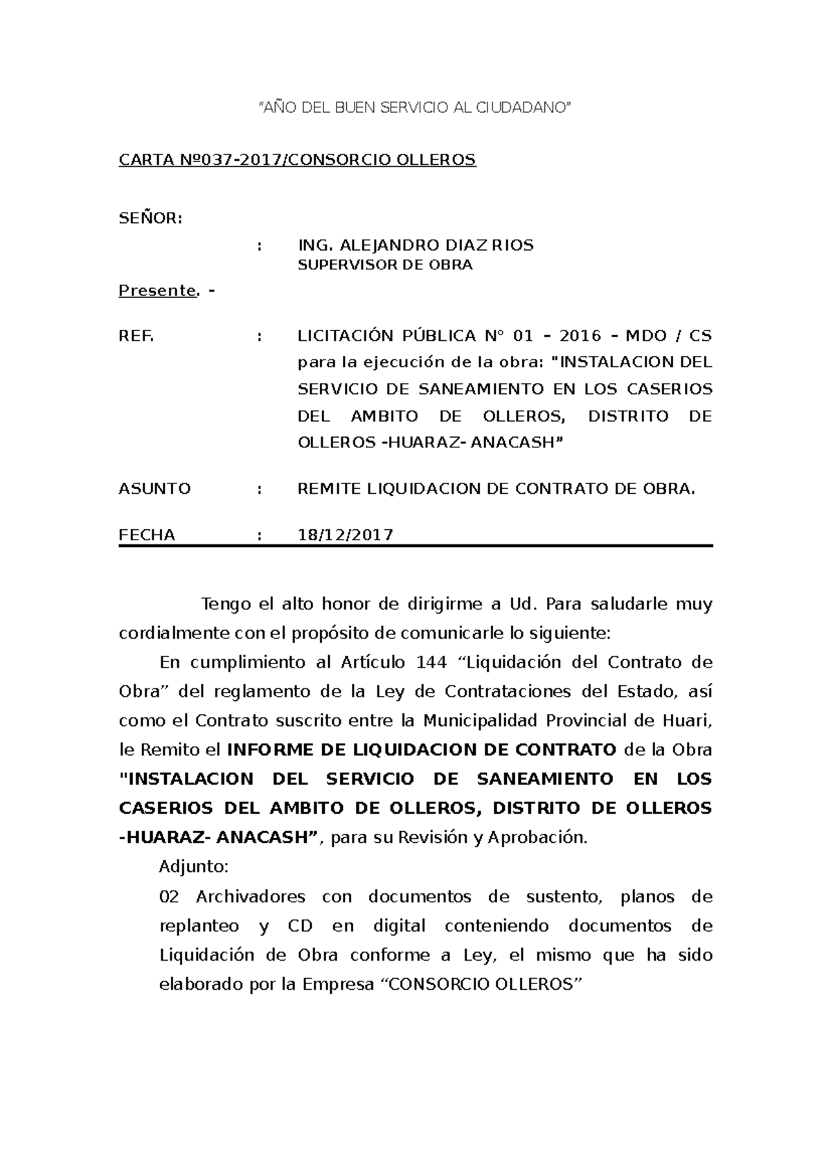 28.- Carta DE Informe DE Liquidacion DE OBRA 2017 - “AÑO DEL BUEN ...