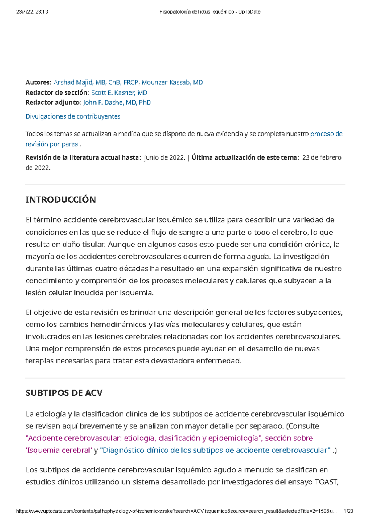 Fisiopatología del ictus isquémico - Up To Date - - Studocu