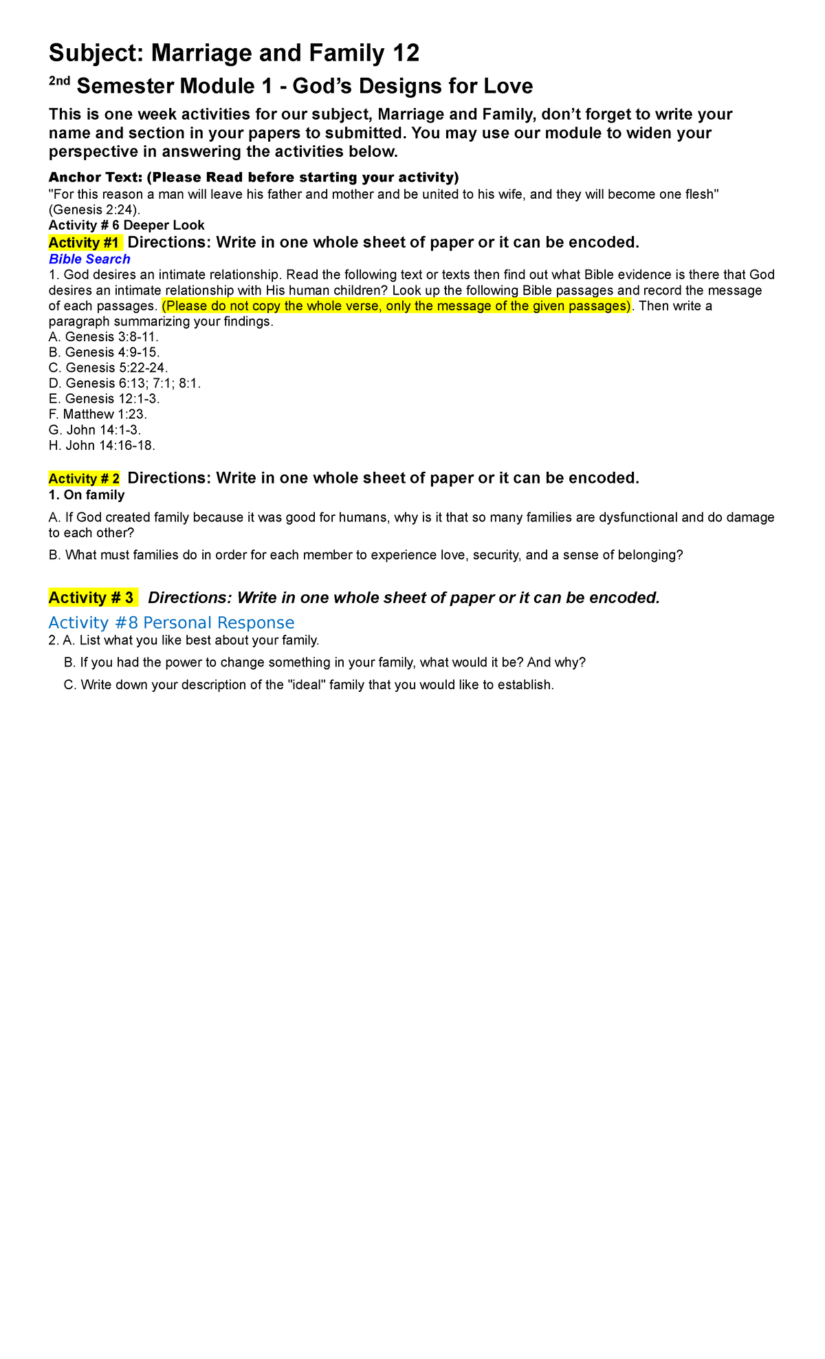 Family AND Marriage ONE WEEK TASK - Subject: Marriage and Family 12 2nd ...
