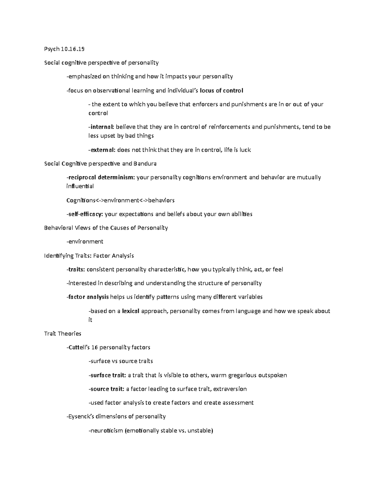 Psych 101 notes - Psych 10. Social cognitive perspective of personality ...