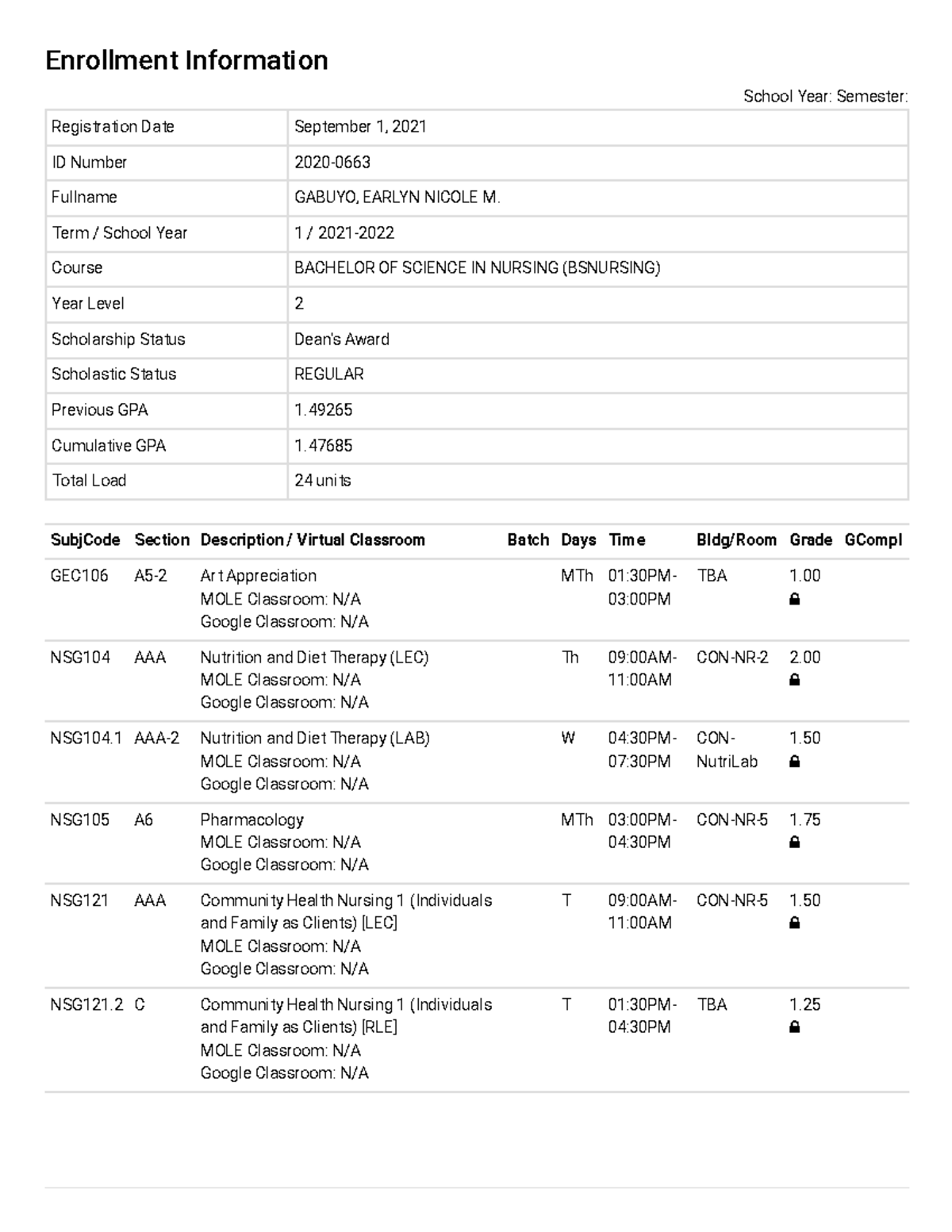1st Semester Gabuyo Student - Certificate of Registration (COR ...