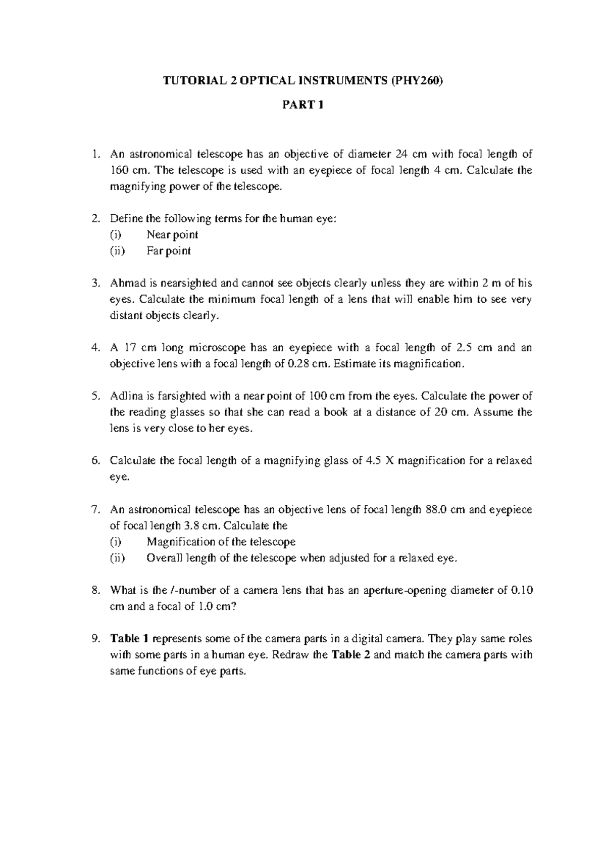 Tutorial 2 phy260 NIA - TUTORIAL 2 OPTICAL INSTRUMENTS (PHY2 6 0) PART 1 An astronomical ...