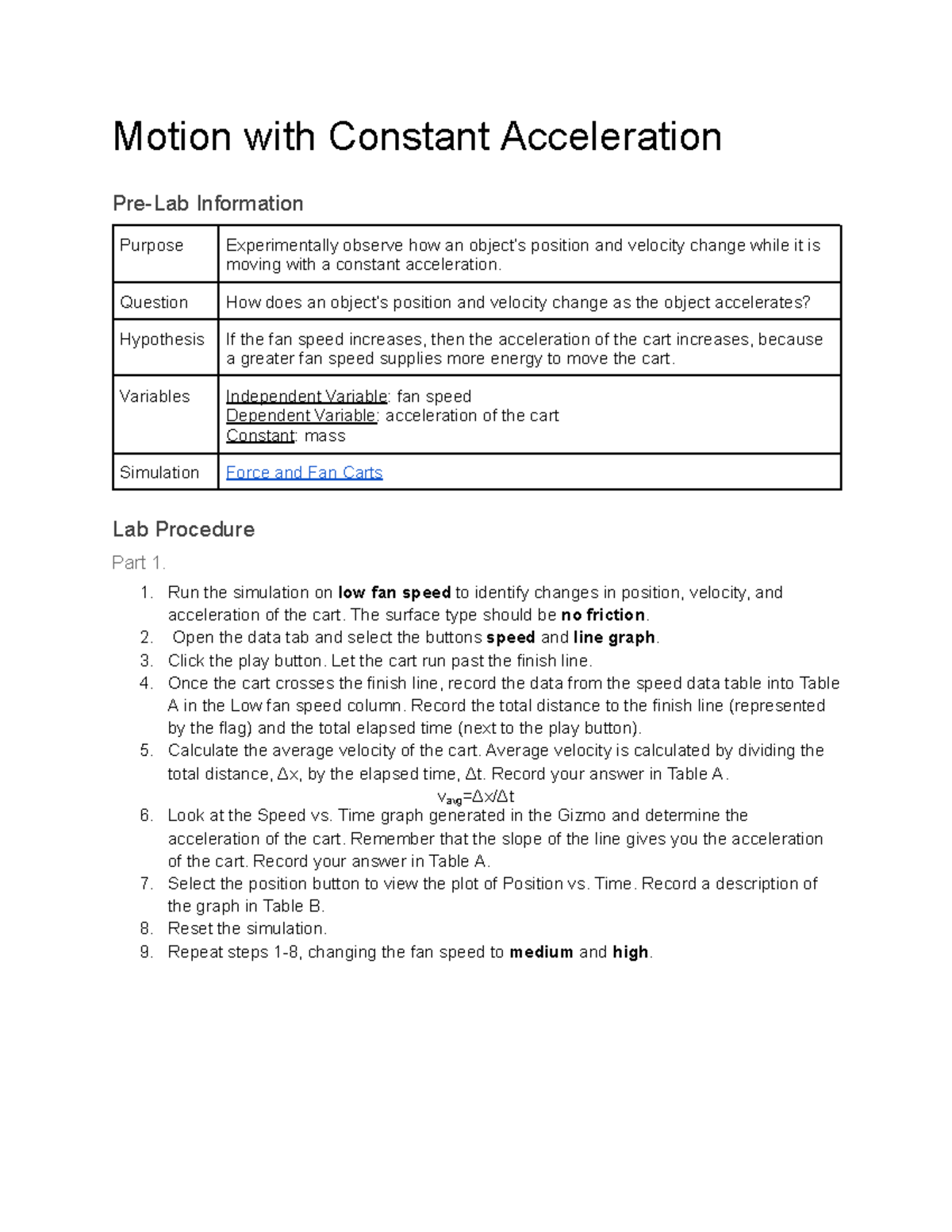 Motion with Constant Acceleration-Virtual Lab - Motion with Constant ...