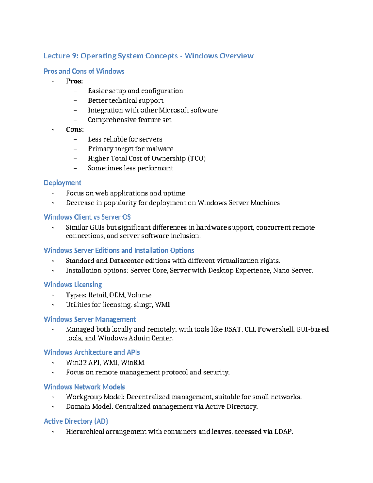 Les-9 - Key points - Lecture 9: Operating System Concepts - Windows Overview Pros and Cons of ...