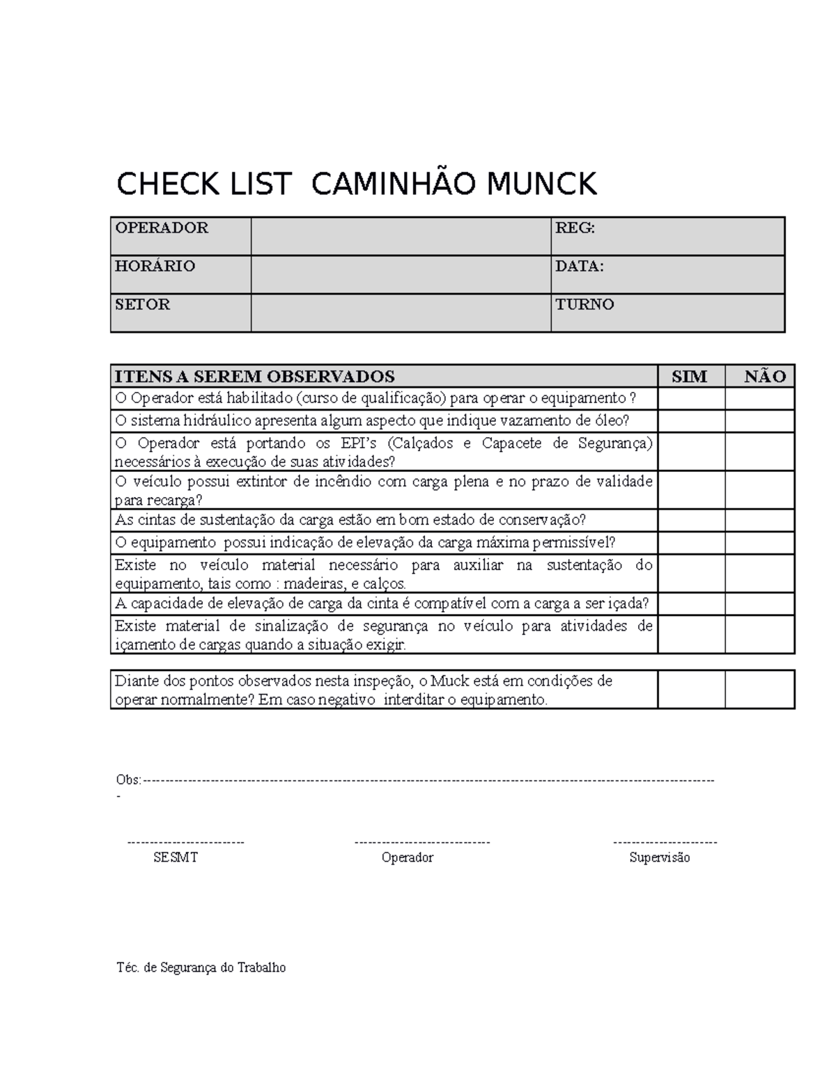 Check LIST Caminhão Munck - CHECK LIST CAMINHÃO MUNCK OPERADOR REG ...