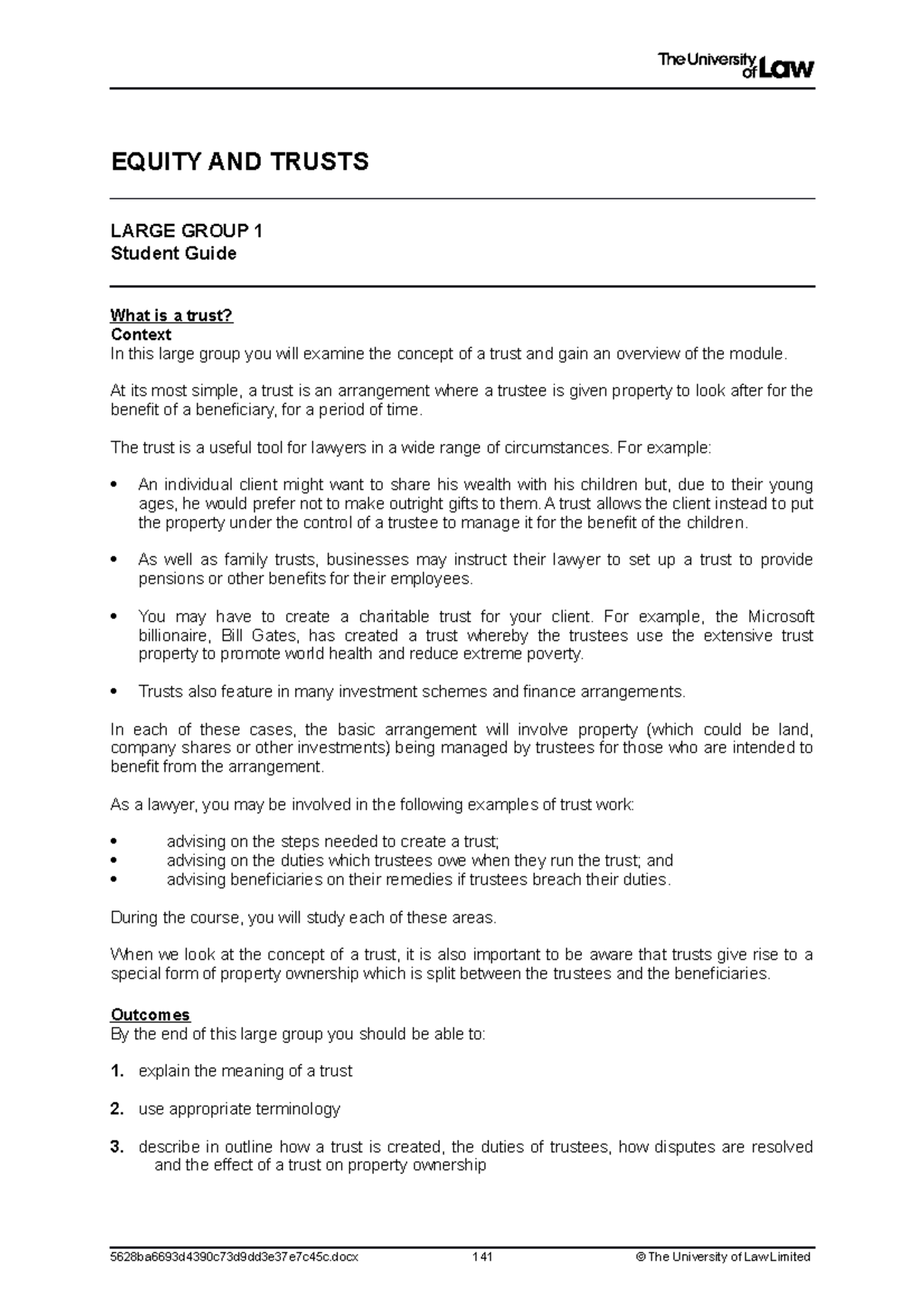 LG1 - Equity - Lecture - EQUITY AND TRUSTS LARGE GROUP 1 Student Guide What is a trust? Context ...
