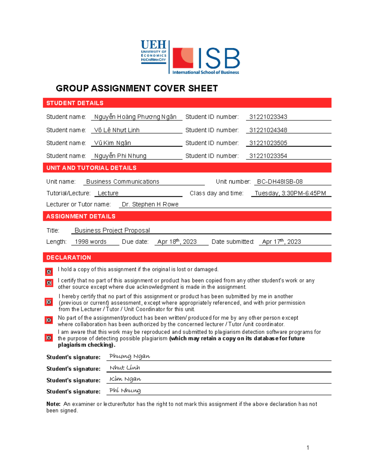 A3 Proposal BC-08 Team 2 - GROUP ASSIGNMENT COVER SHEET STUDENT DETAILS ...