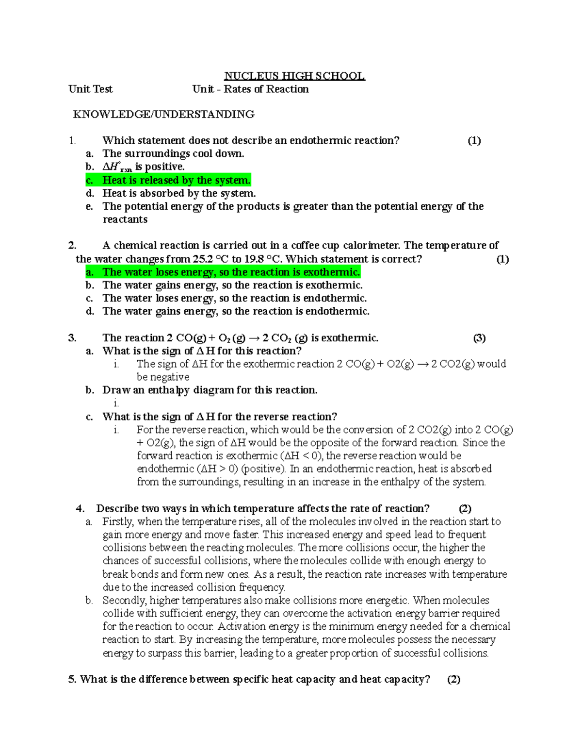 Chem Unit 3 Test - test - NUCLEUS HIGH SCHOOL Unit Test Unit - Rates of ...