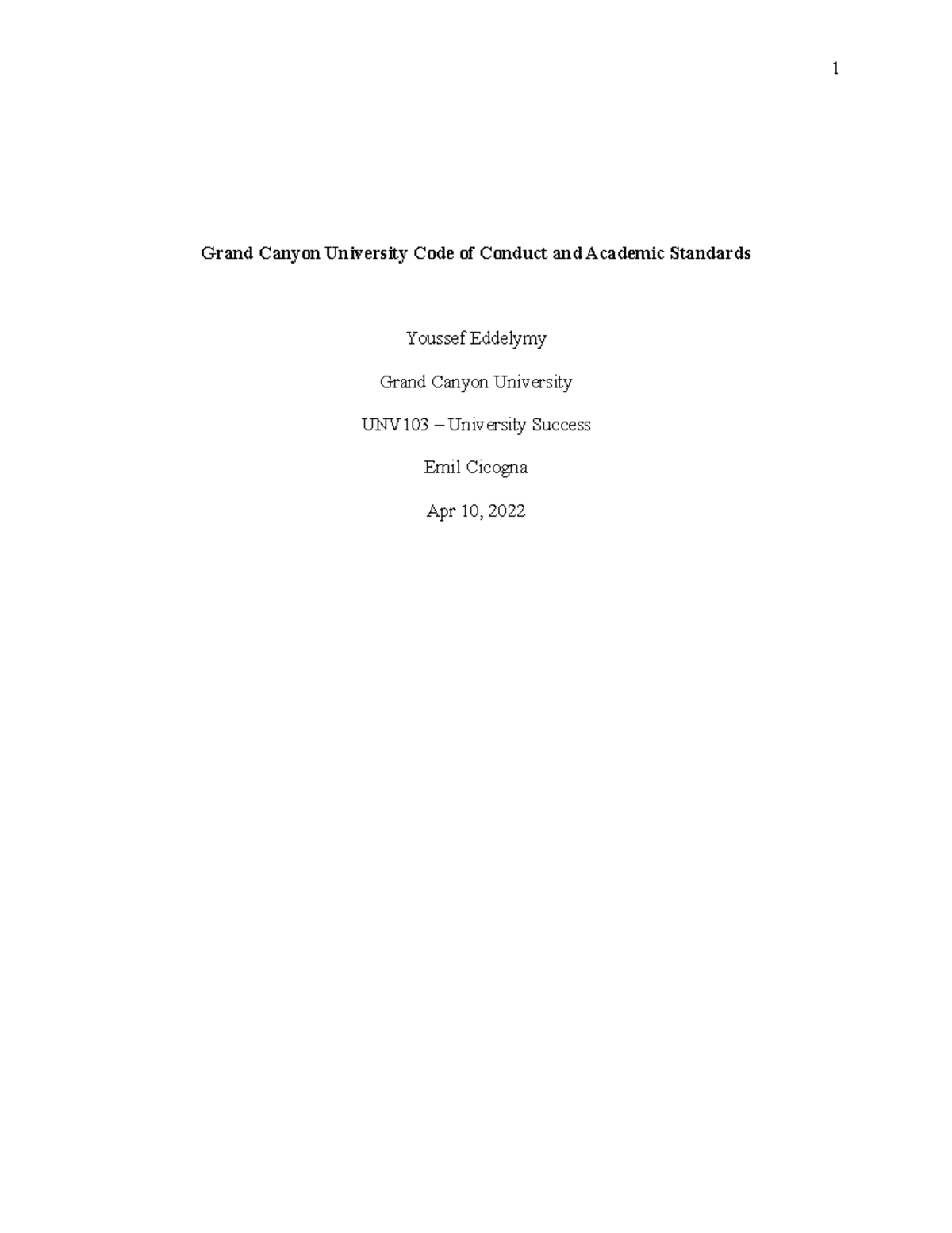 writing assignment apa - Grand Canyon University Code of Conduct and ...