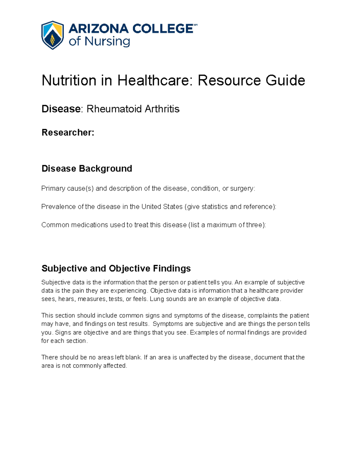 NTR 241 Nutrition in Healthcare Resource Guide template - Nutrition in ...