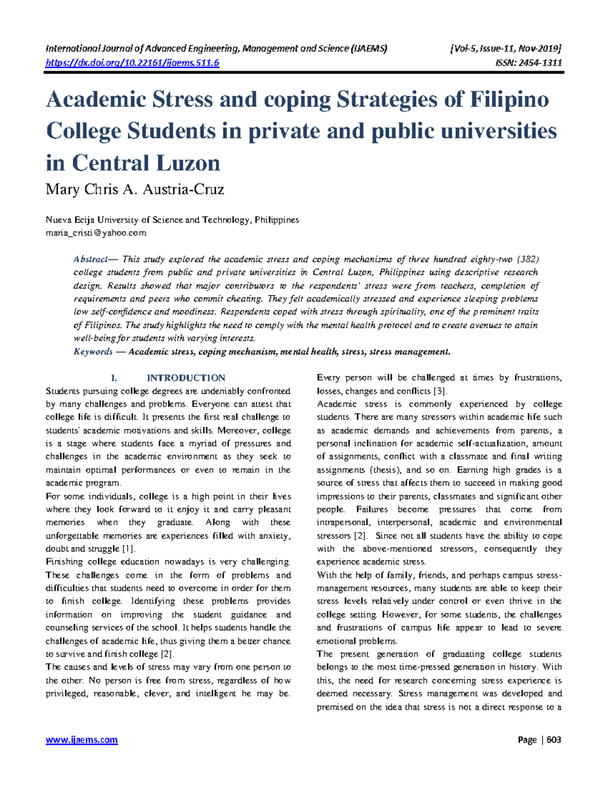 Academic Stress and coping Strategies of - dx.doi/10.22161/ijaems.511.6 ...