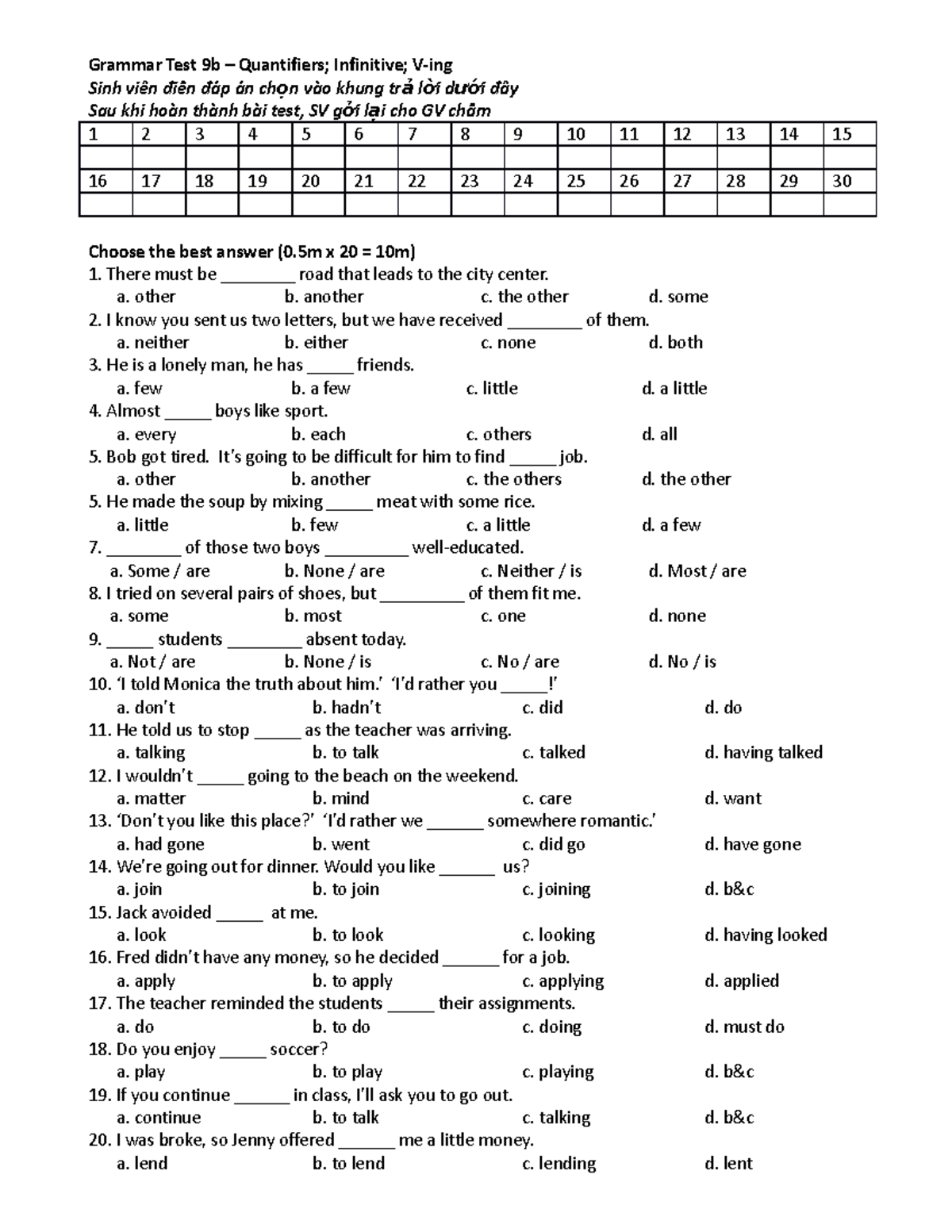 Grammar Test 9b - baitapnguphap - Grammar Test 9b – Quantifiers ...