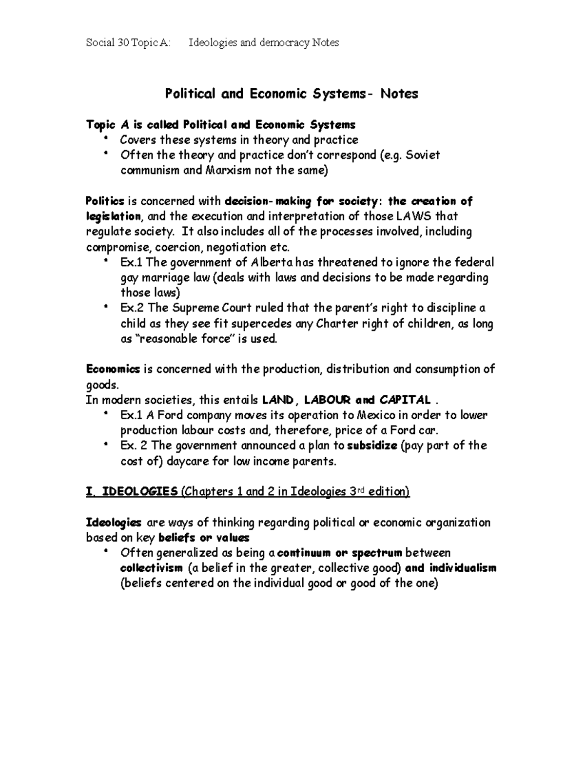 SS 30-1 Pand E notes - Political and Economic Systems- Notes Topic A is ...