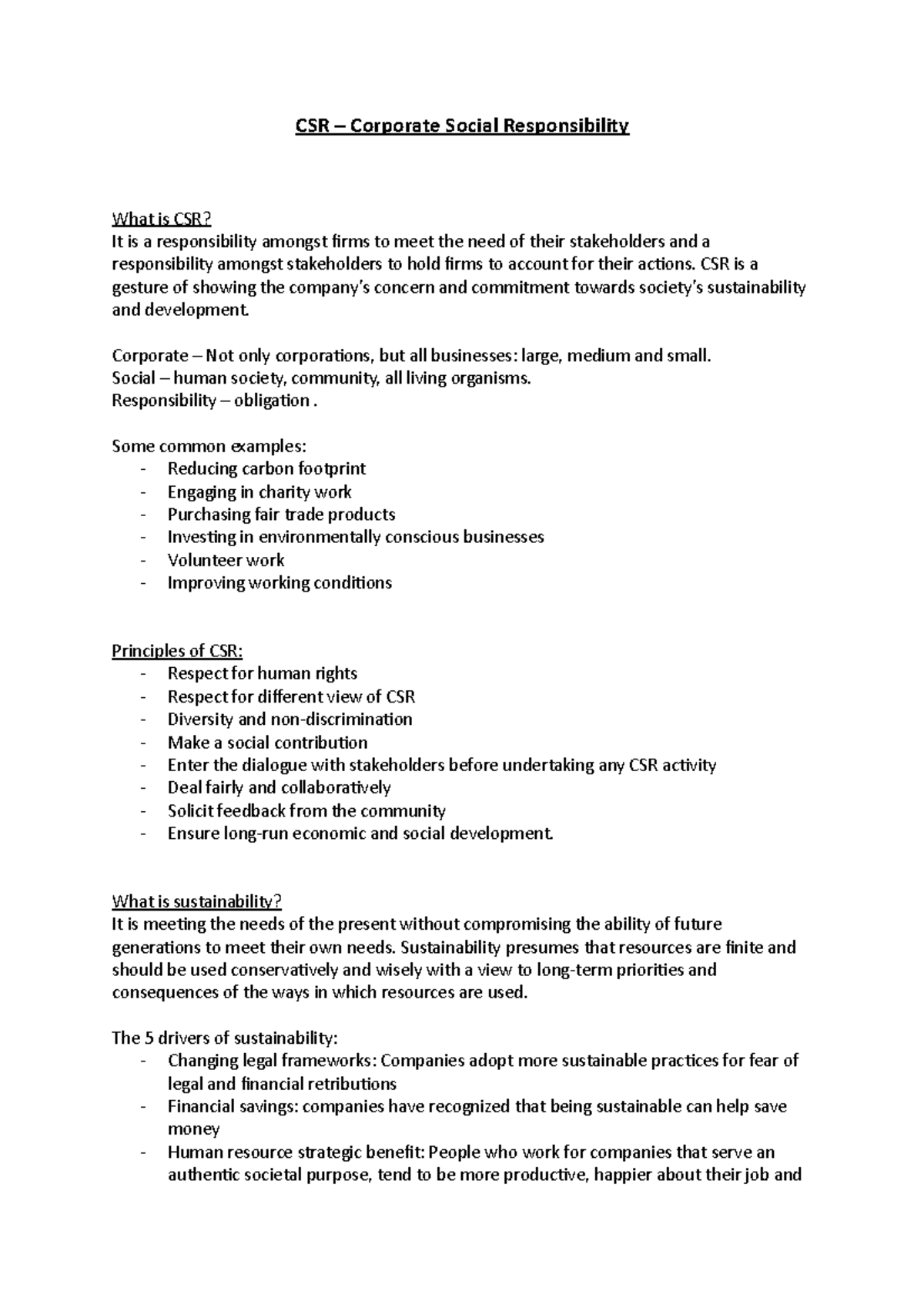 CSR notes - CSR – Corporate Social Responsibility What is CSR? It is a ...