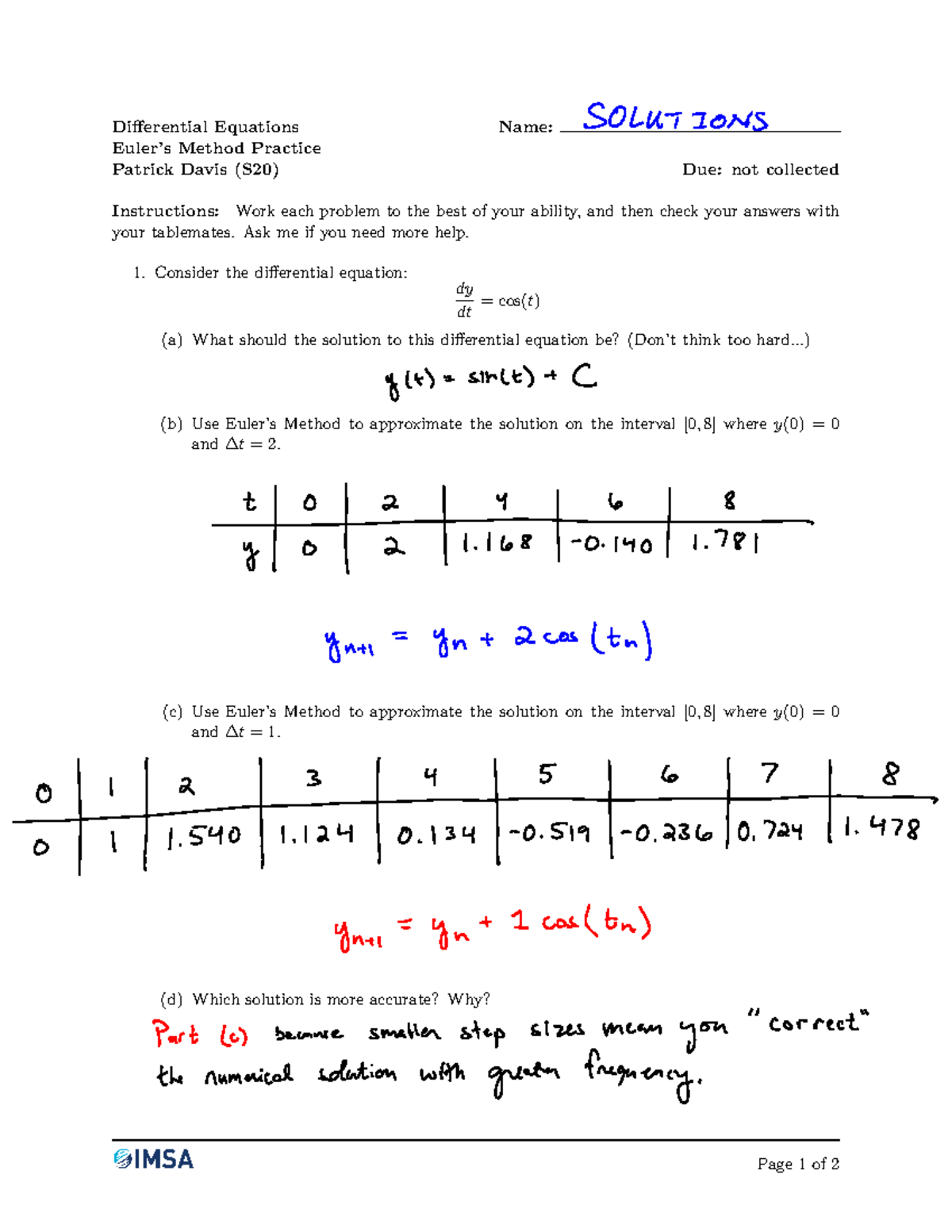 03-w1 Eulers Method Solutions - Differential Equations Name: Euler’s ...