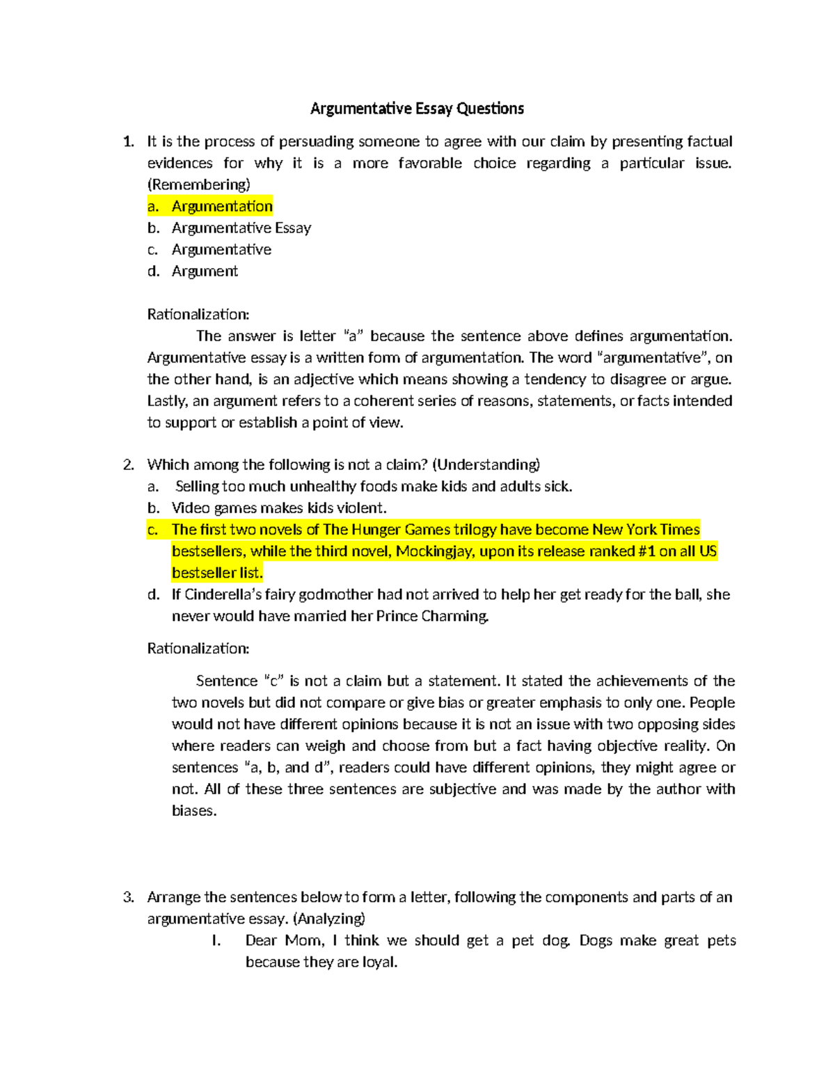 Argumentative Essay Questions - (Remembering) a. Argumentation b ...