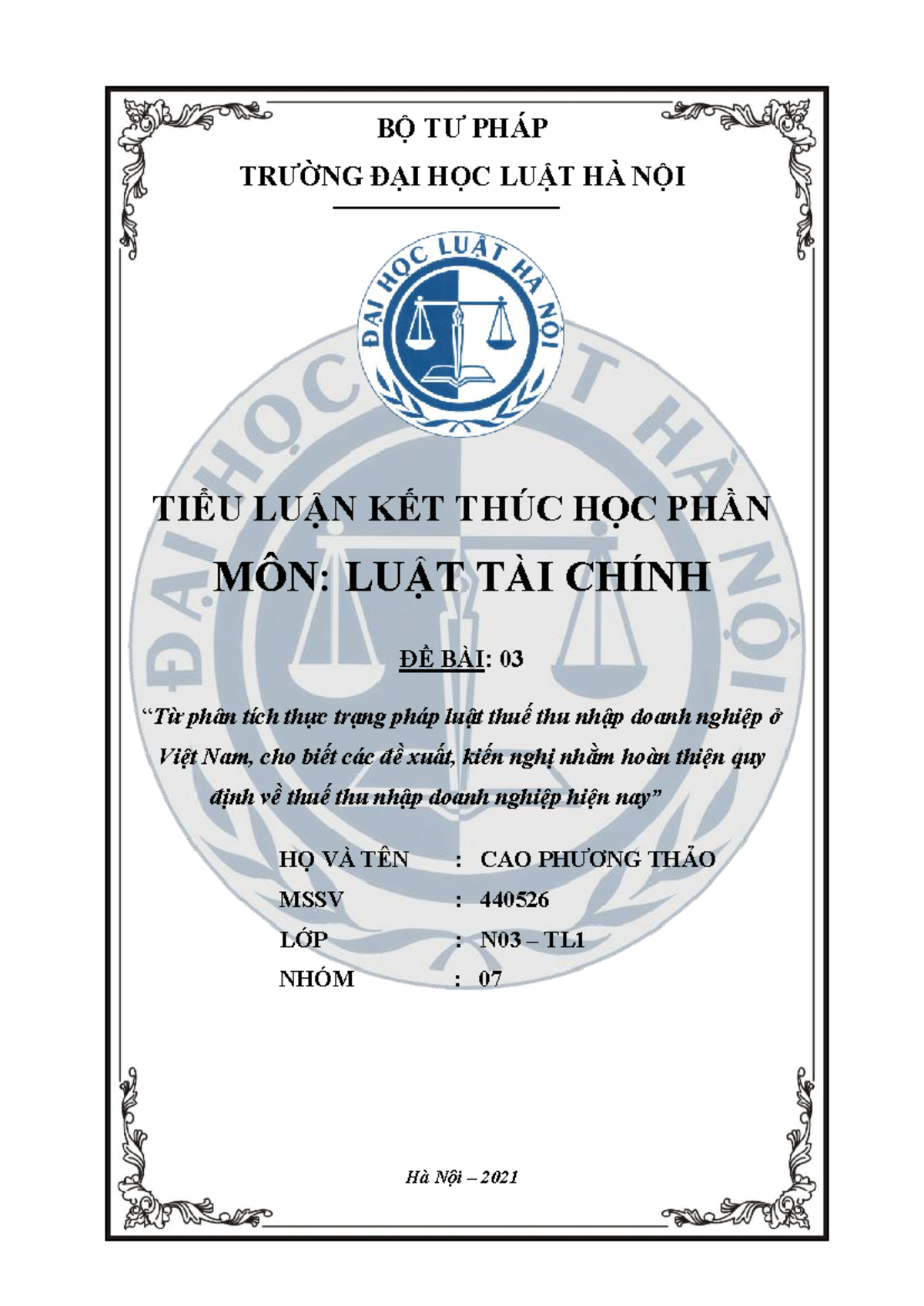 LTC CNBB15M 1 21 N03 Cao Phuong Thao 440526 - BỘ TƯ PHÁP TRƯỜNG ĐẠI HỌC LUẬT HÀ NỘI TIỂU LUẬN ...