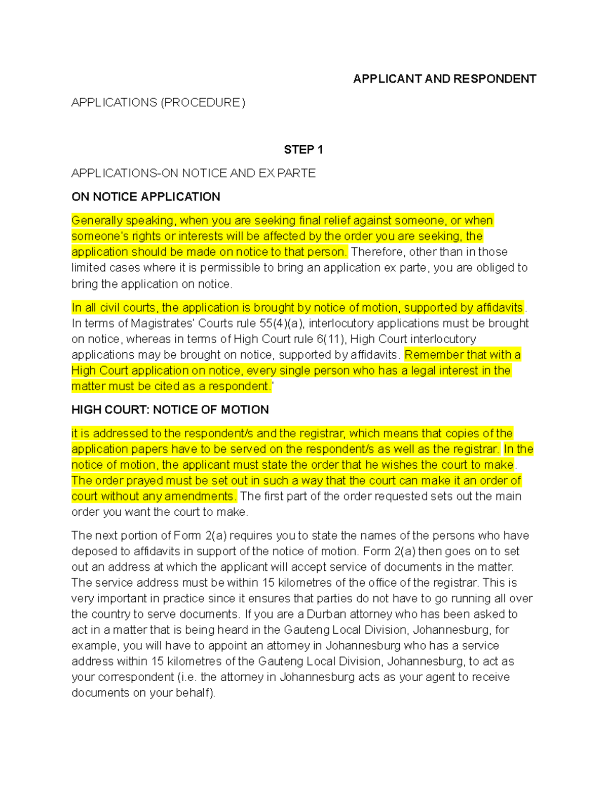 Aplications Notes - Hyh - APPLICANT AND RESPONDENT APPLICATIONS ...