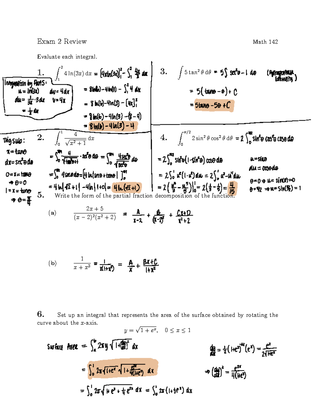 Ws Exam2Review solutions - Exam 2 Review Math 142 Evaluate each ...