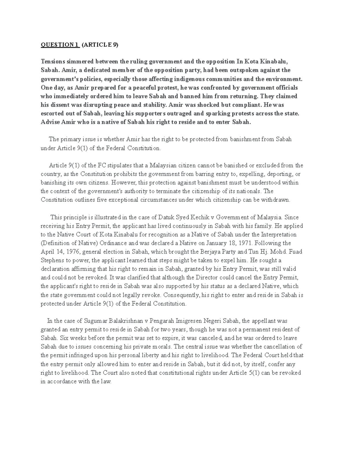 Tutorial Constitutional law - QUESTION 1 (ARTICLE 9) Tensions simmered ...