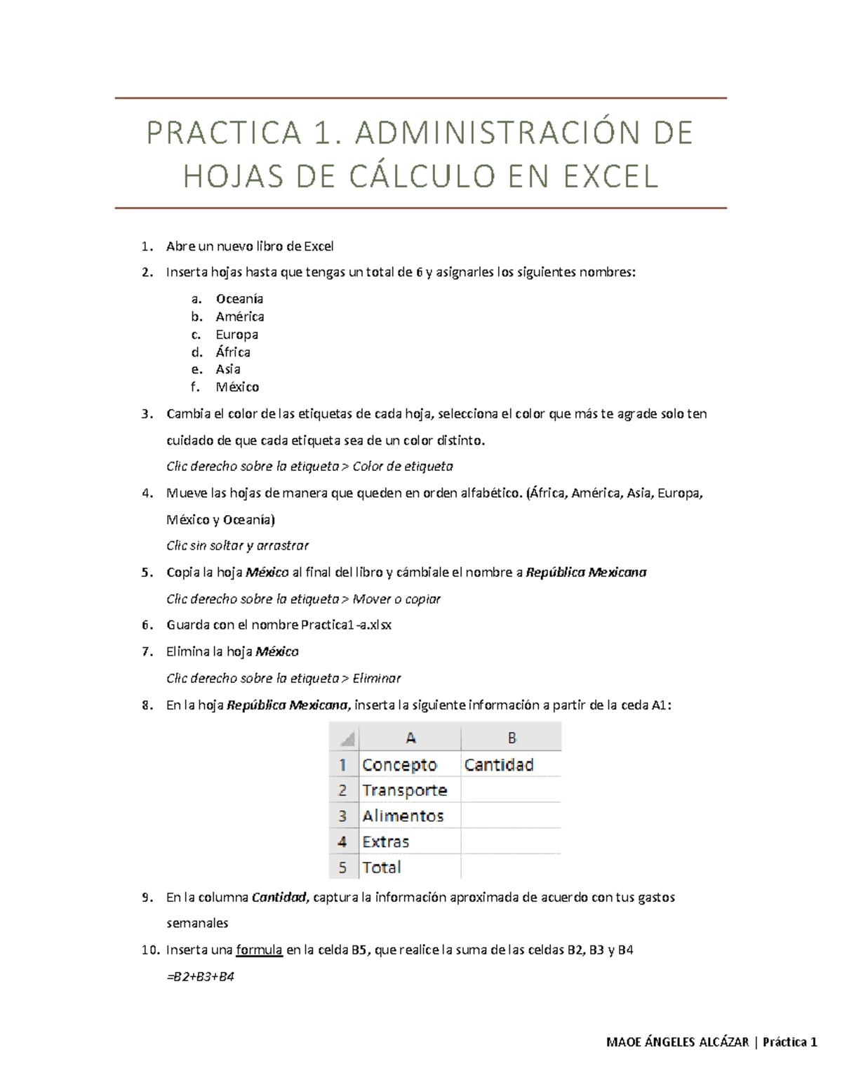 Practica 1 - Excel - MAOE ¡NGELES ALC¡ZAR | Pr·ctica 1 PRACTICA 1. ADMINISTRACI”N DE HOJAS DE ...