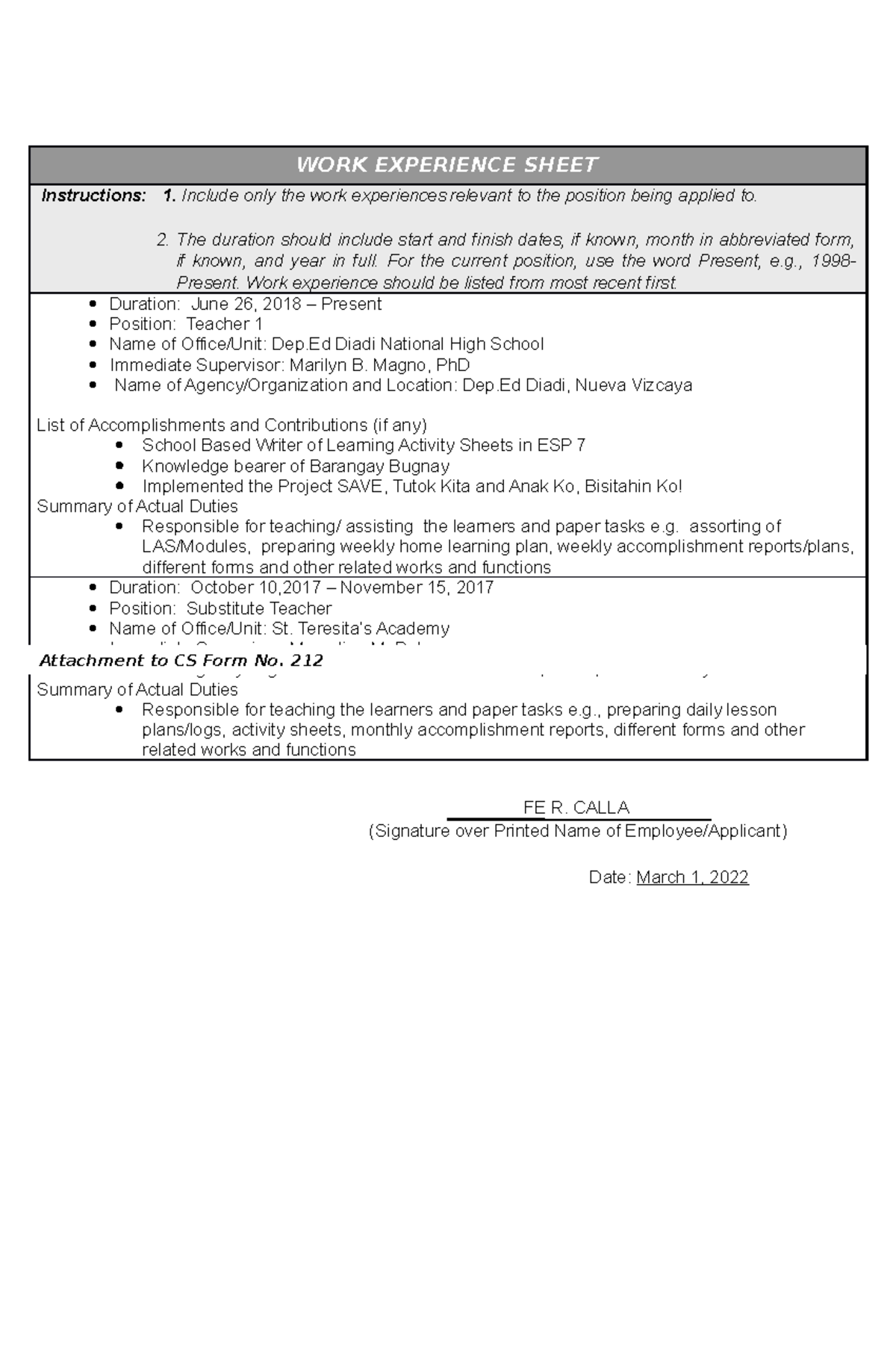 PDS-Attachment - none - WORK EXPERIENCE SHEET Instructions: 1. Include ...