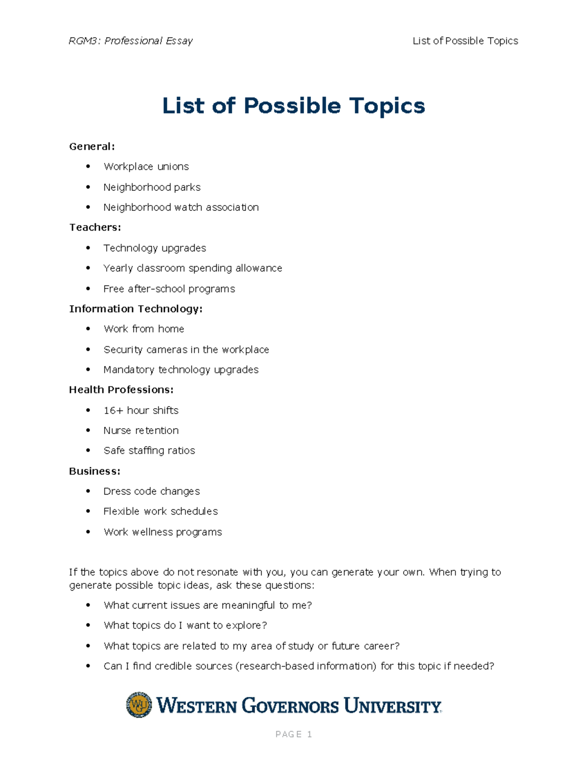 List of Possible Topics - When trying to generate possible topic ideas ...