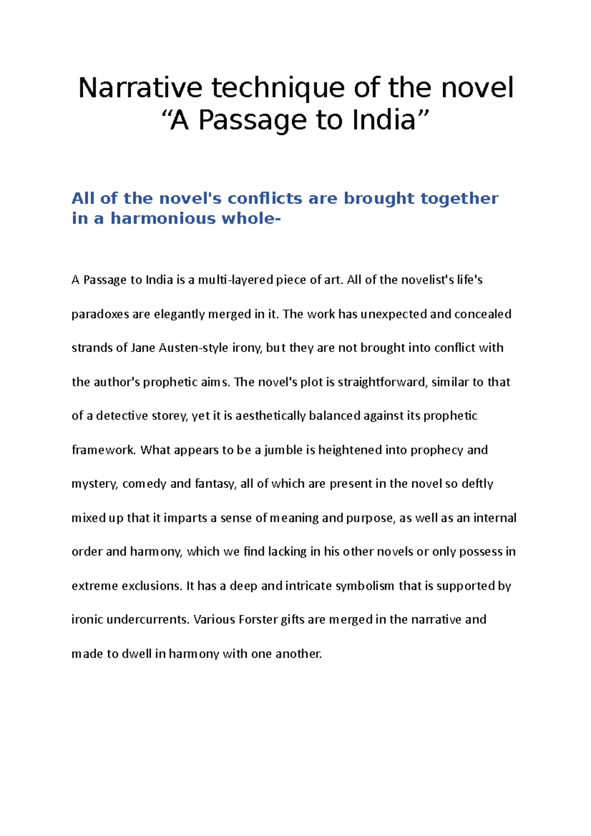 Narrative technique of the novel “A Passage to India” - All of the ...