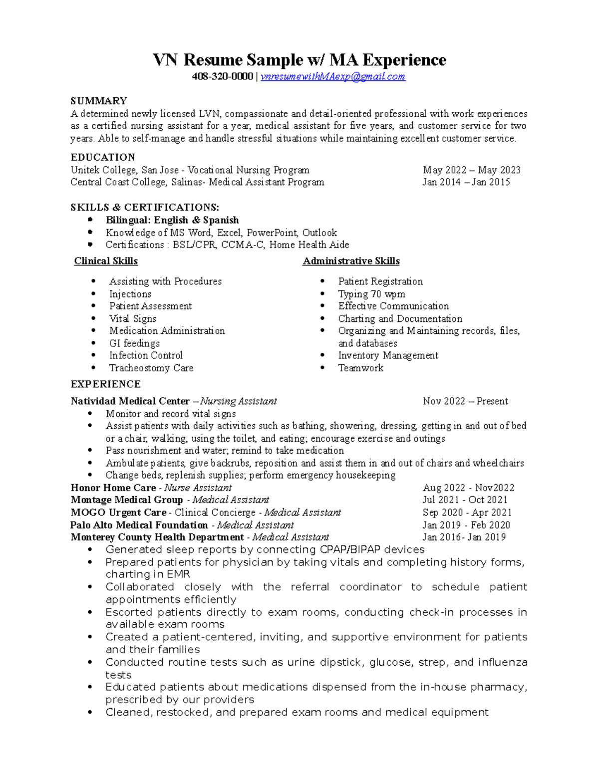 VN Resume with MA Experience - VN Resume Sample w/ MA Experience 408 ...