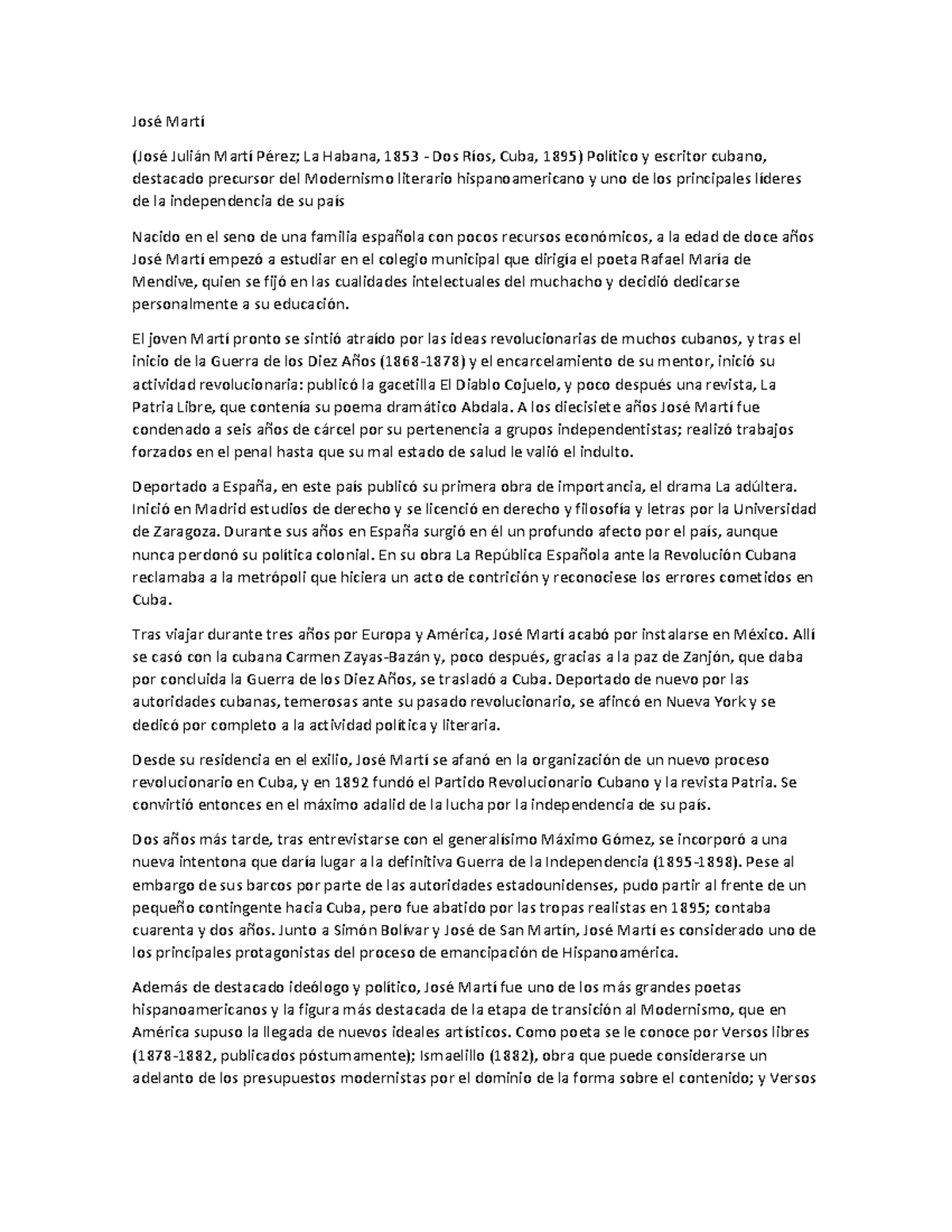 José Martí - Biografia JOSE MARTI, recabe hechos importantes y fechas ...