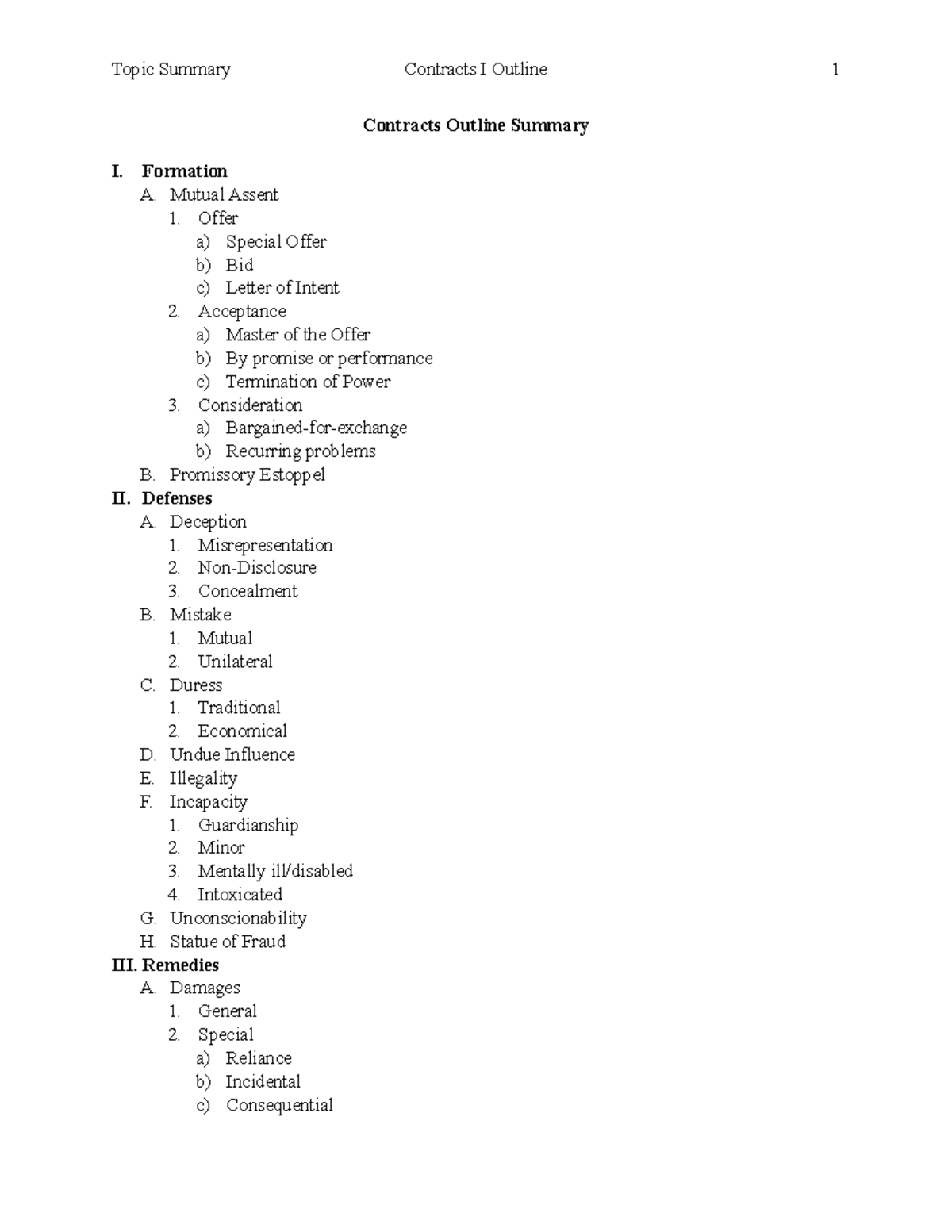 Contracts Outline Summary - Formation A. Mutual Assent 1. Offer a ...