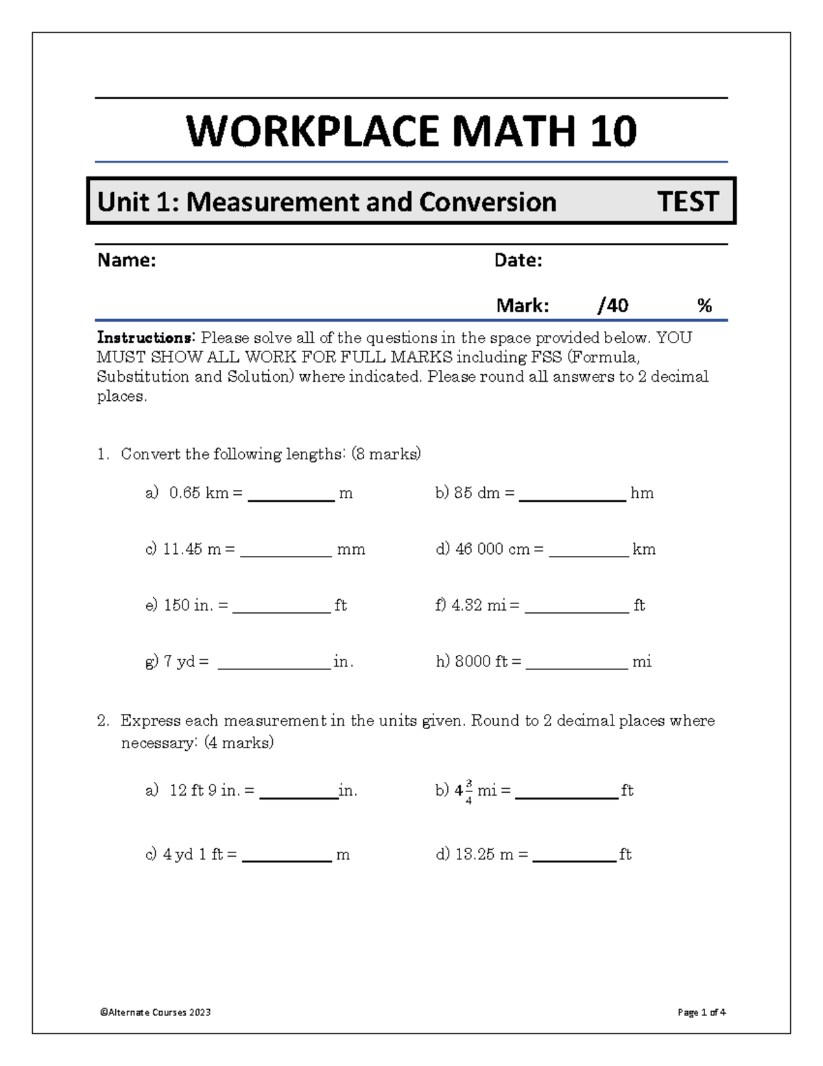 WPM10 Unit 1 TEST - workplace math 10 test - WORKPLACE MATH 1 0 Unit 1 ...