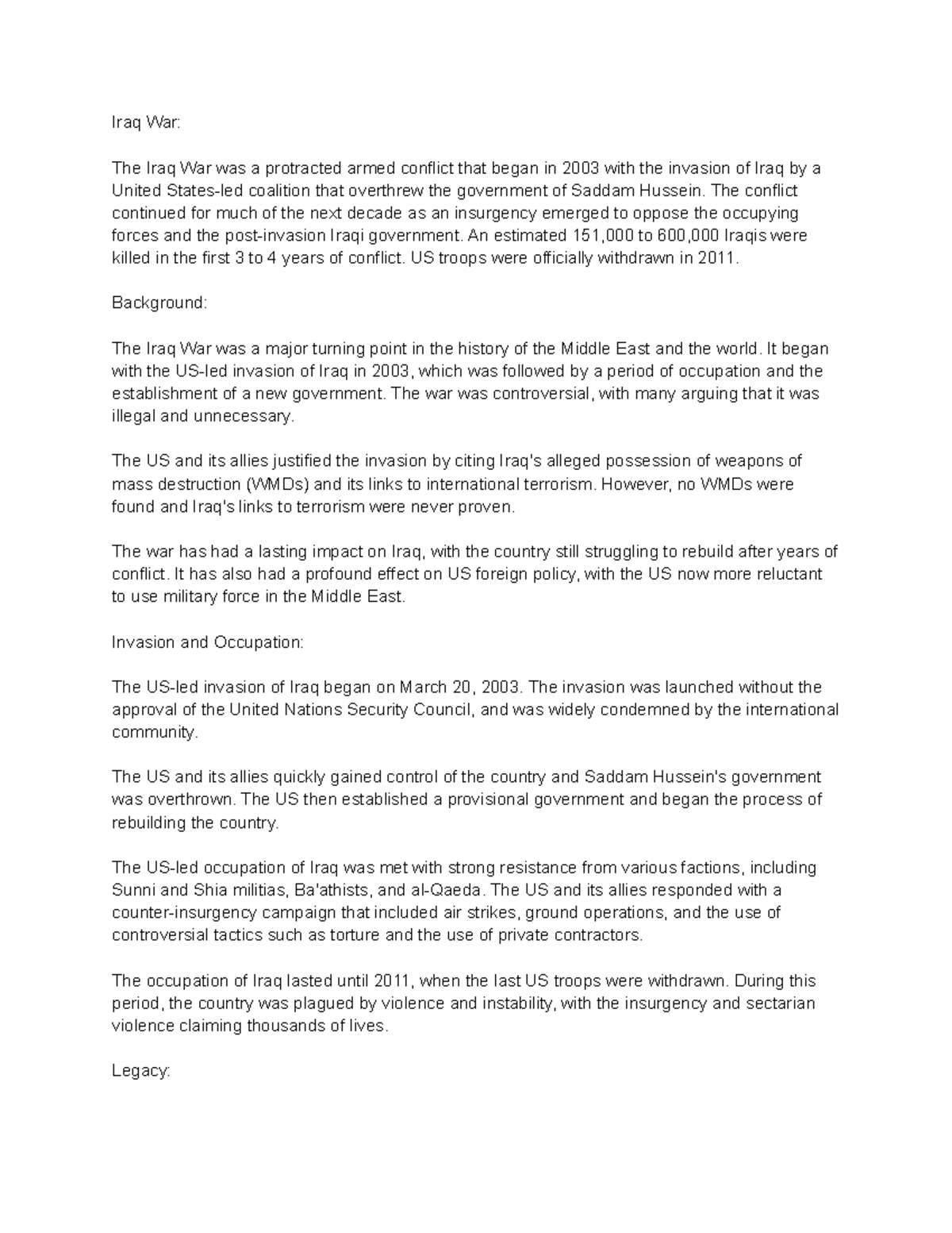 Iraq War - Iraq War.docx - Iraq War: The Iraq War was a protracted ...