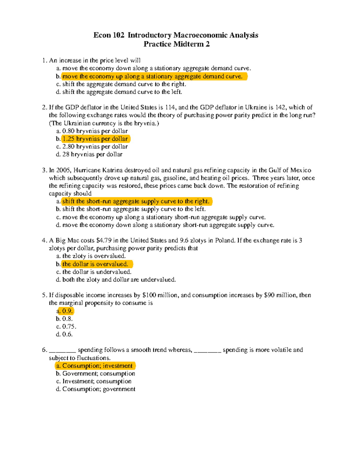2. Practice Midterm 2 - Econ 102 Introductory Macroeconomic Analysis Practice Midterm 2 An ...
