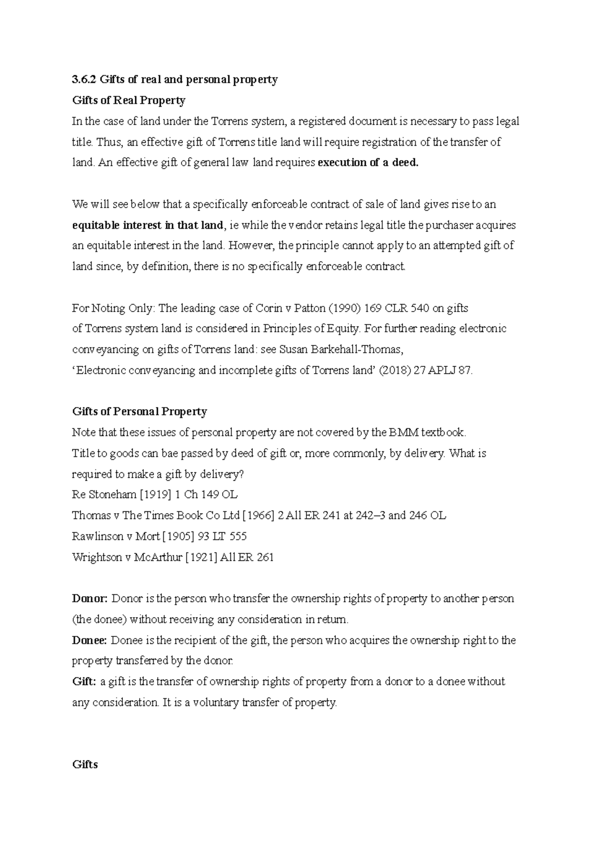 Principles of Property Law A, Gifts Notes - 3.6 Gifts of real and ...