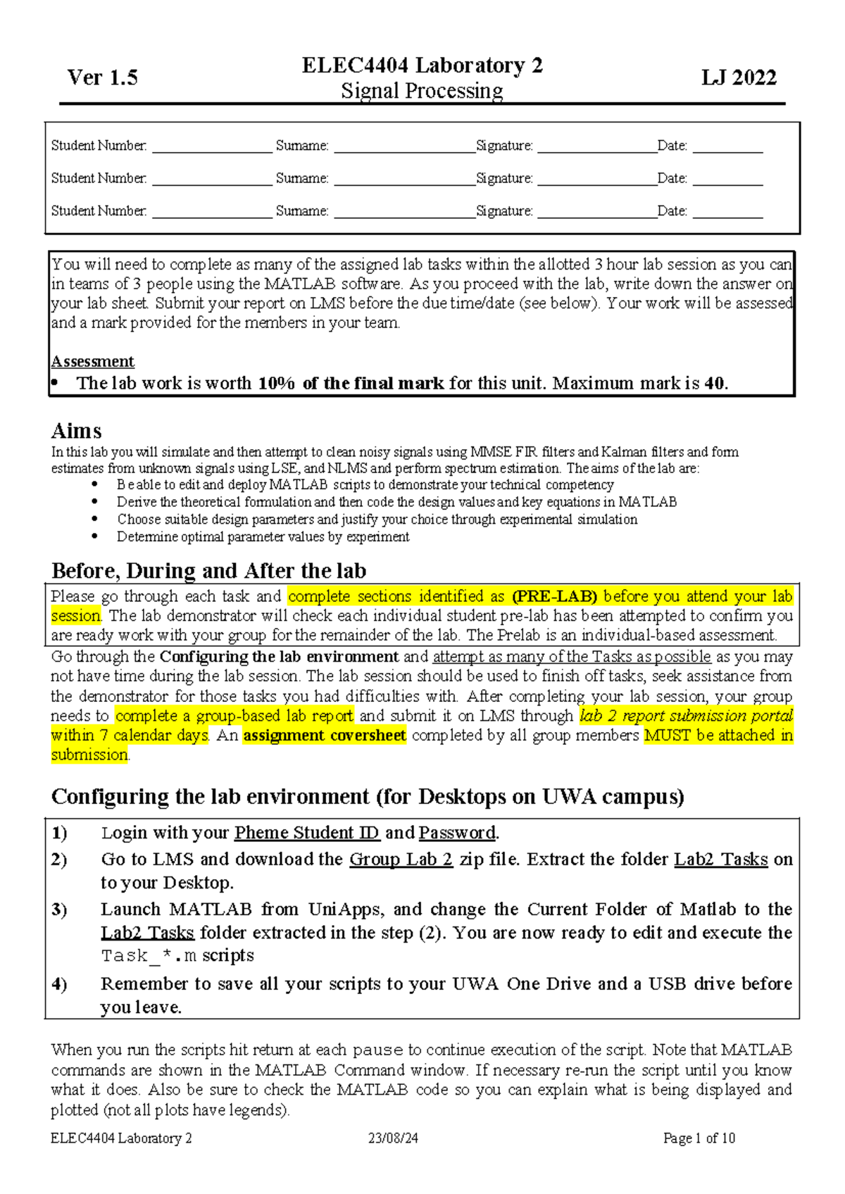 ELEC4404Lab2Tasks - Lab task - Ver 1. ELEC4404 Laboratory 2 Signal Processing LJ 2022 ...