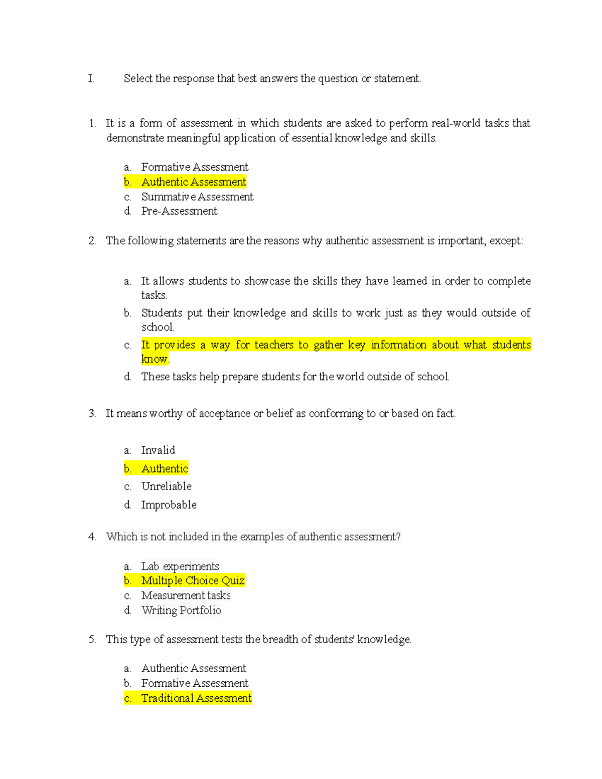 Authentic Assessment Sample Of Quiz After Reporting I Select The